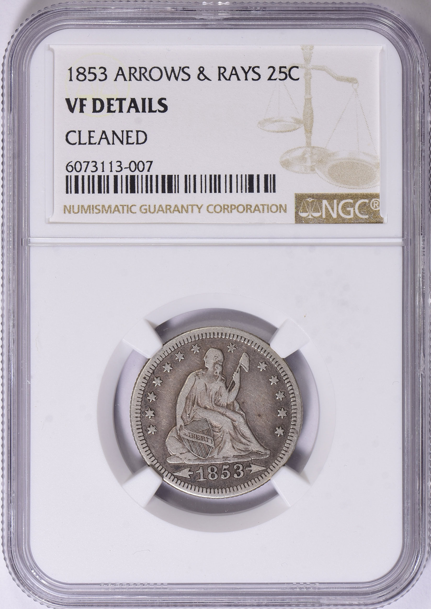 1853 Seated Liberty Quarter Arrows and Rays NGC VF Details (Item 1419116) | GreatCollections ...