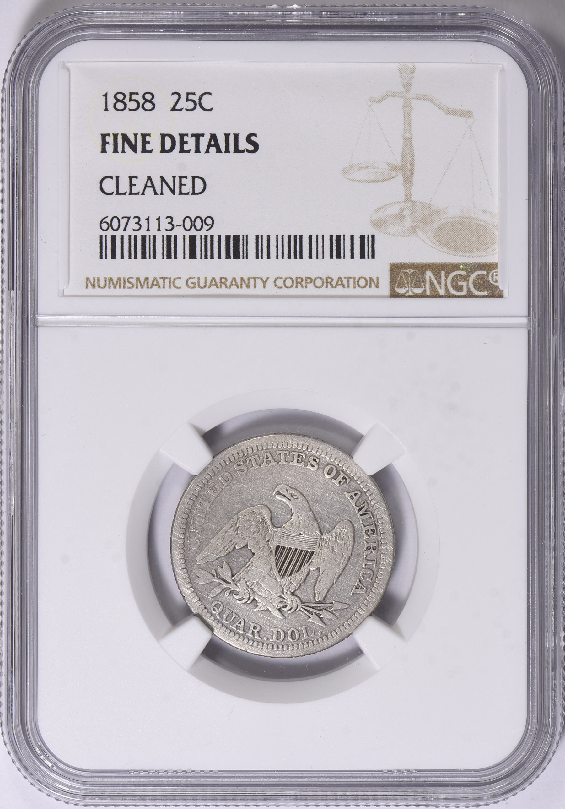 1858 Seated Liberty Quarter NGC Fine Details (Item 1419118) | GreatCollections Coin Auctions