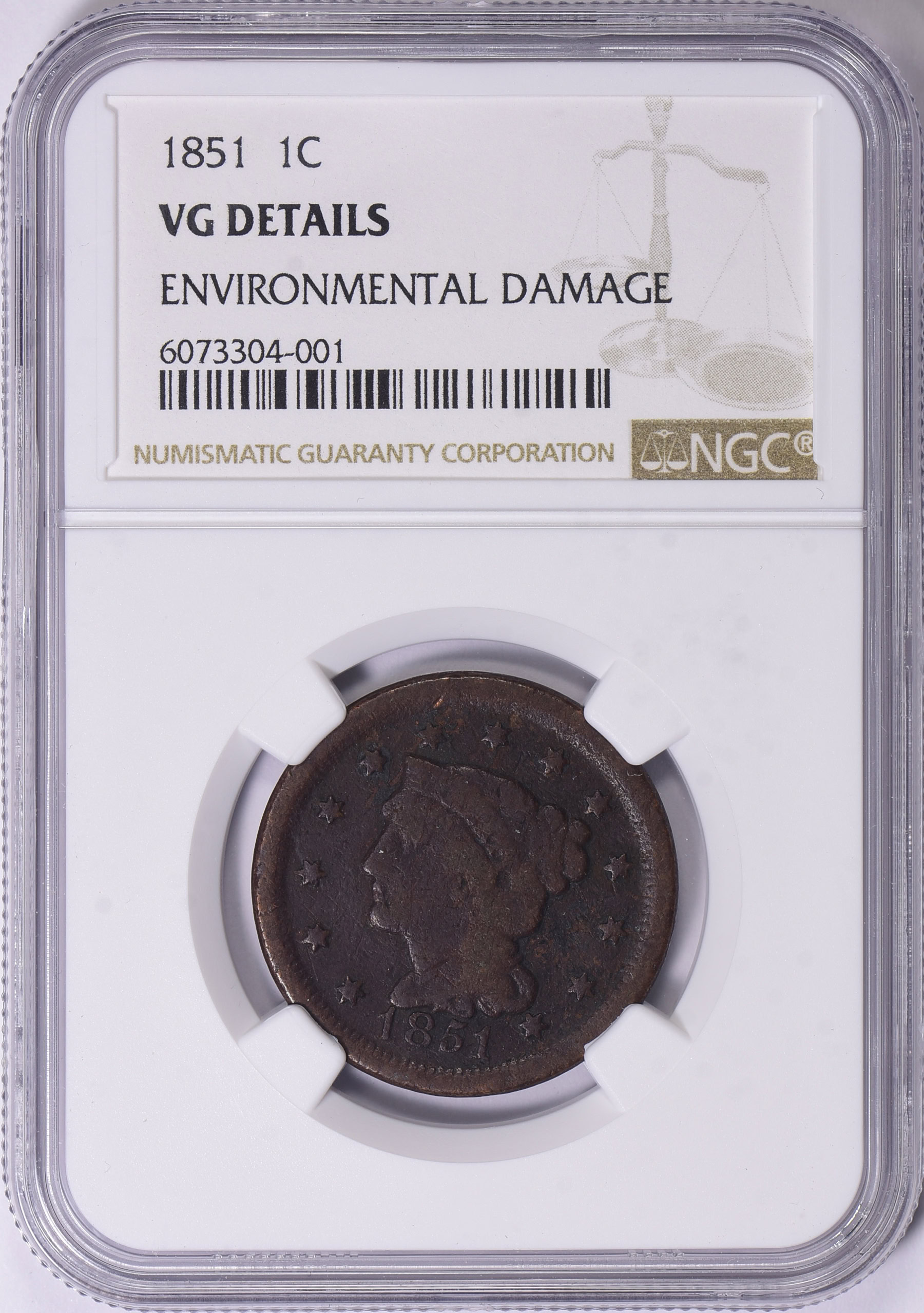 1851 Braided Hair Cent NGC VG Details (Item 1419705) | GreatCollections ...