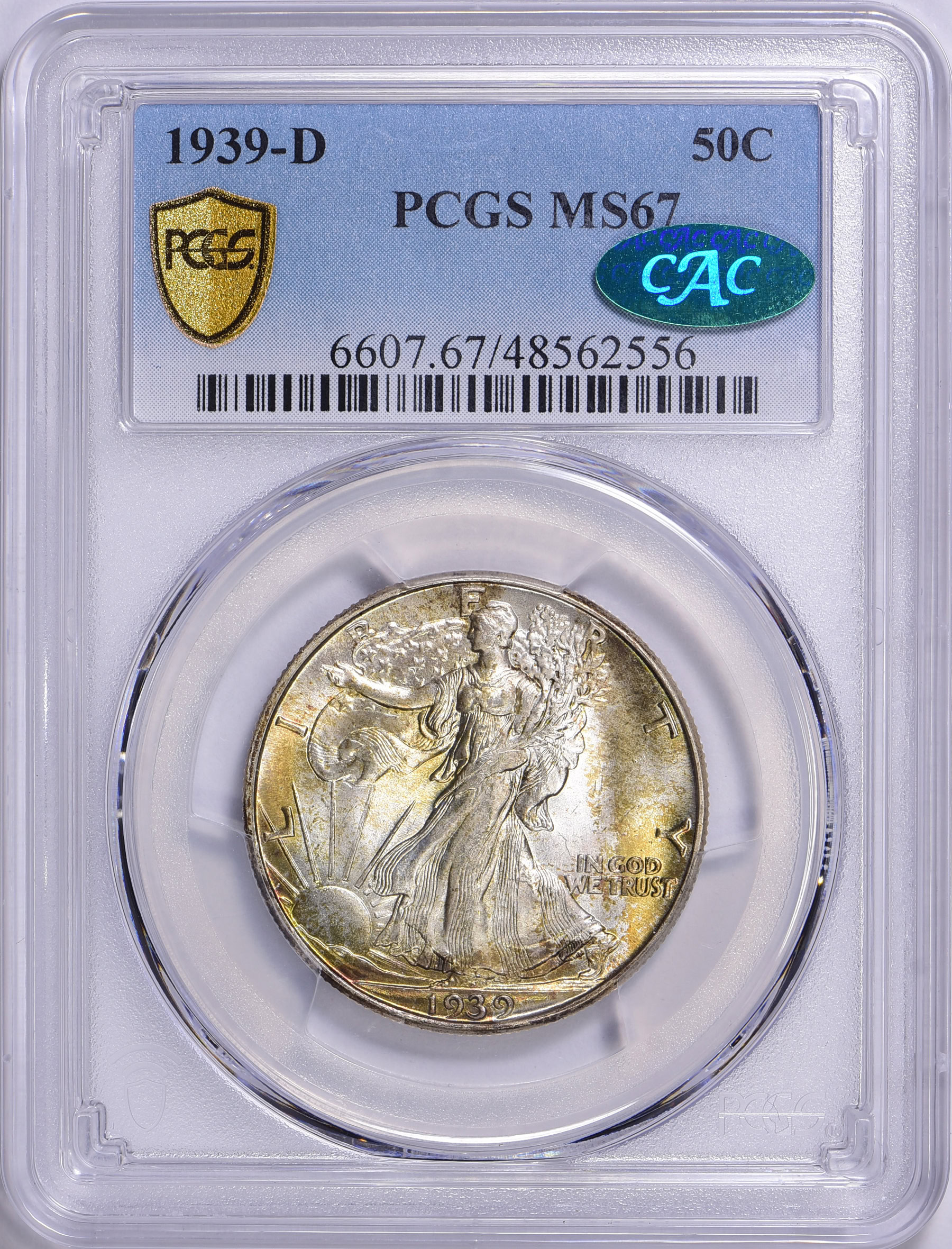 1939-D Walking Liberty Half Dollar PCGS MS-67 (CAC Green) (Toned) (Item ...