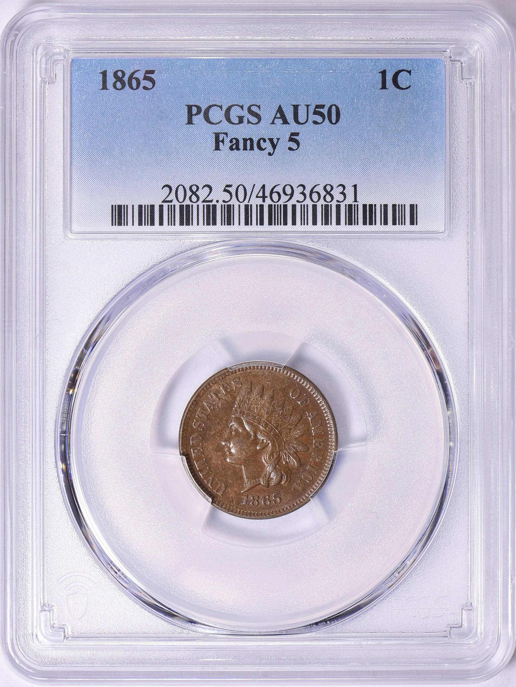 1865 Indian Cent Fancy 5 PCGS AU-50 BN (Item 1422795) | GreatCollections Coin Auctions