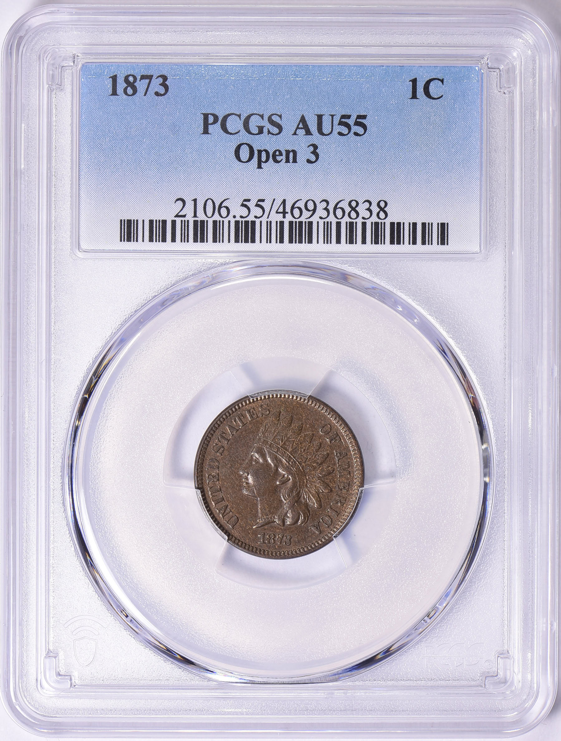1873 Indian Cent Open 3 PCGS AU-55 BN (Item 1422802) | GreatCollections Coin Auctions