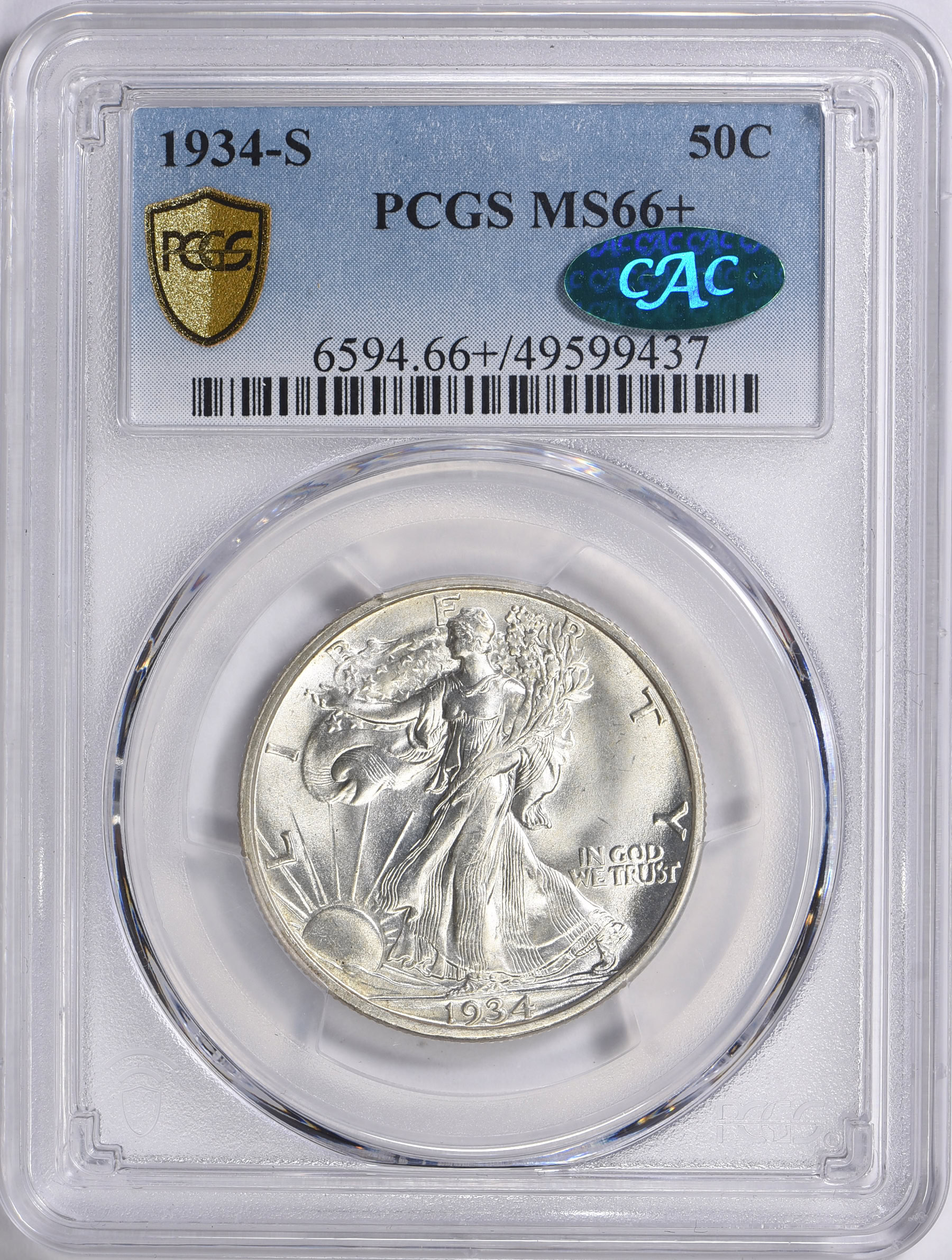 1934-S Walking Liberty Half Dollar PCGS MS-66+ (CAC Green) (Item 1423934) | GreatCollections ...