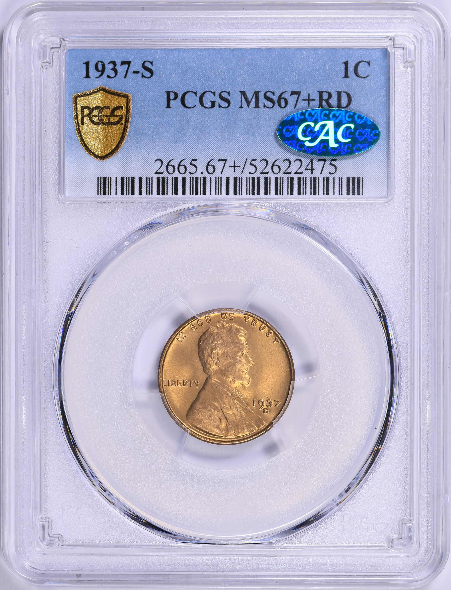 1937-S Lincoln Cent PCGS MS-67+ RD (CAC Green) (Item 1423947) | GreatCollections Coin Auctions
