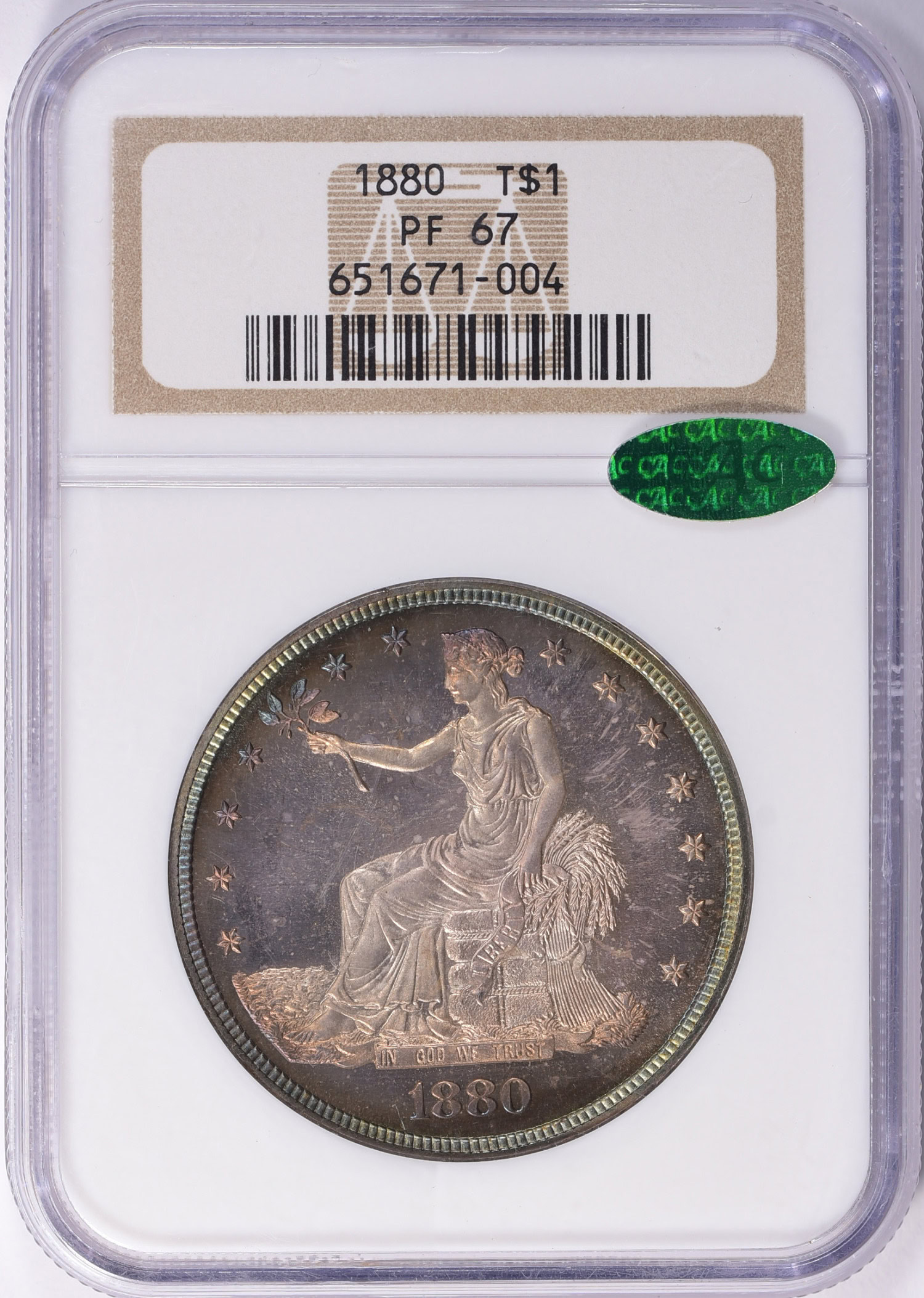 1880 Trade Silver Dollar Trade NGC Proof-67 (CAC Green) (Toned) (Item 1425358 ...