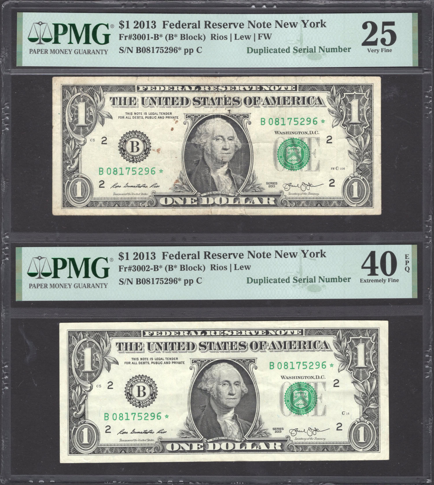 Fr. 3001-B★ & 3002-B★ $1 New York Federal Reserve Error Star Note Pair With Duplicate Serial ...