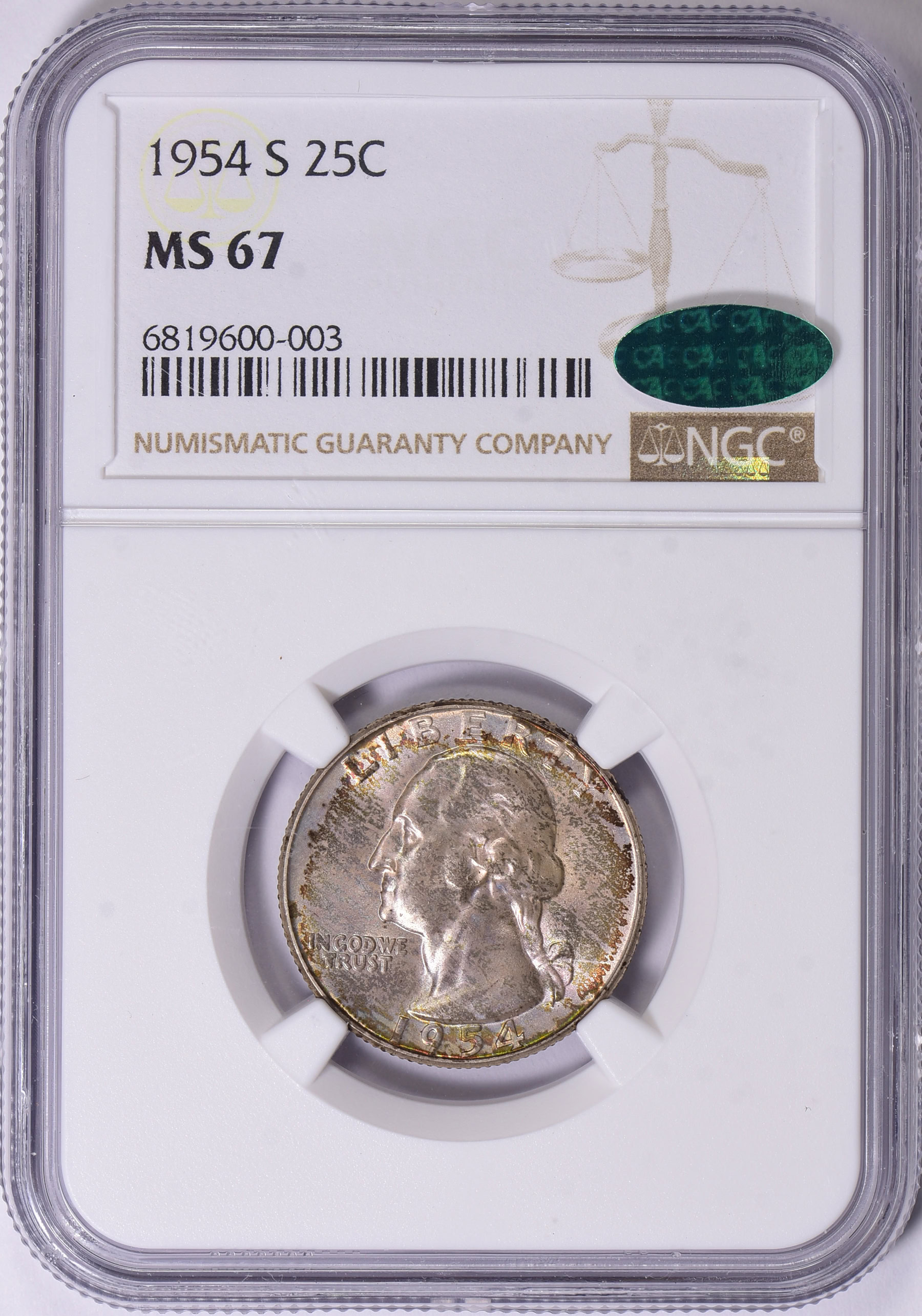 1954-S Washington Quarter NGC MS-67 (CAC Green) (Toned) (Item 1428052) | GreatCollections Coin ...