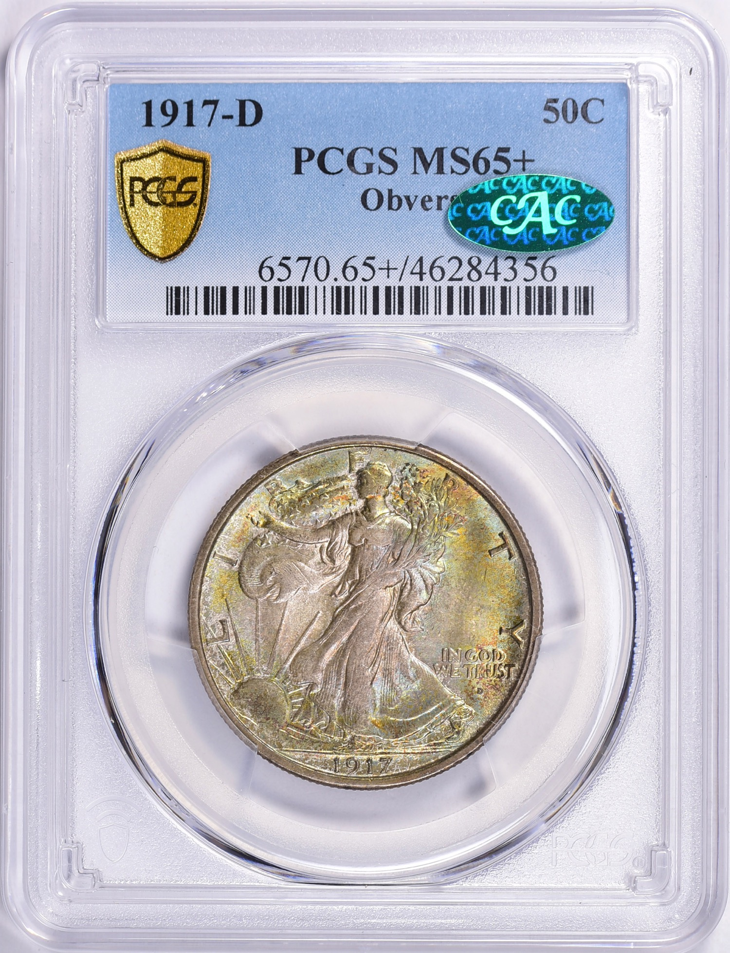 1917-D Walking Liberty Half Dollar Obverse Mintmark PCGS MS-65+ (CAC Green) (Toned) (Item ...