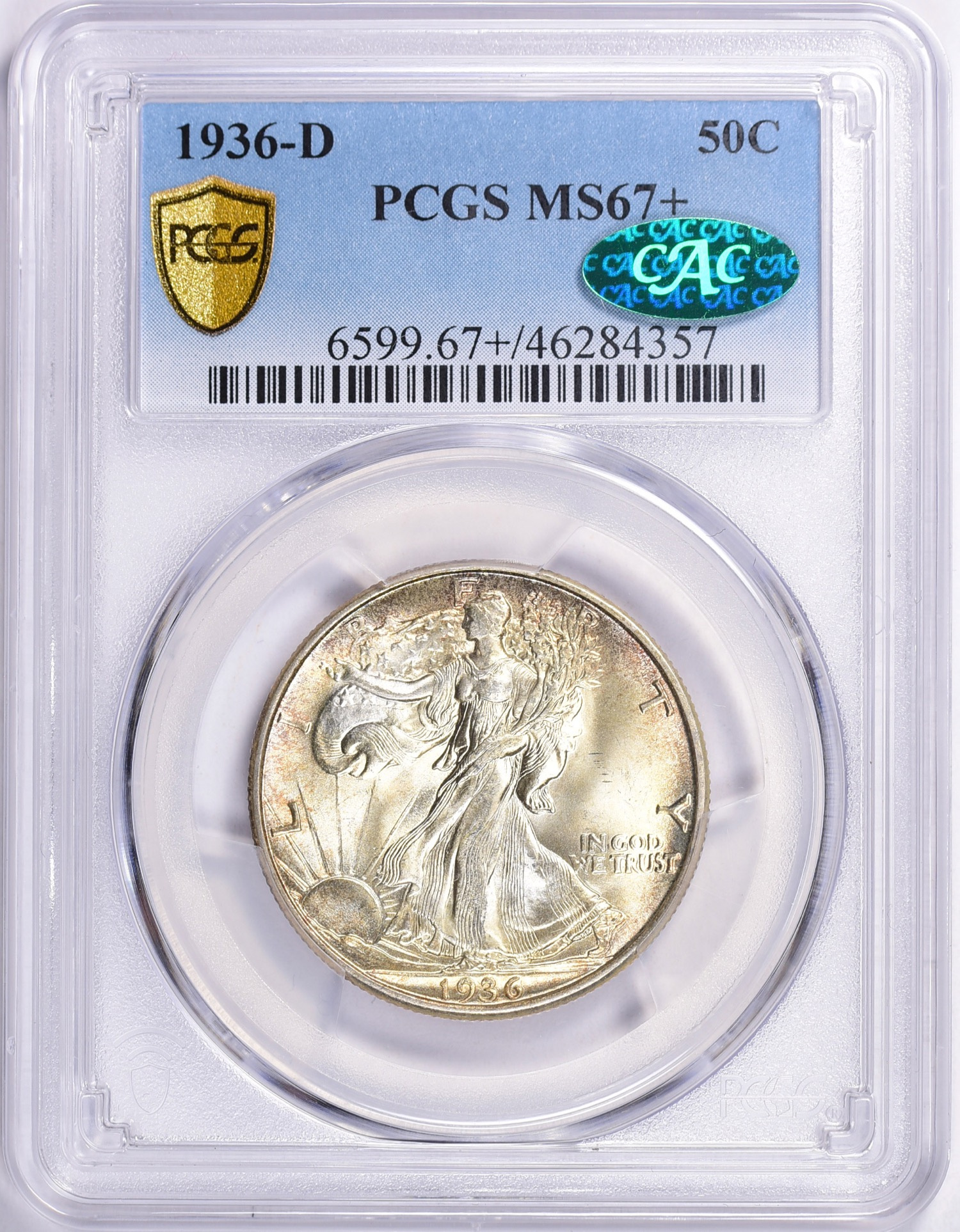 1936-D Walking Liberty Half Dollar PCGS MS-67+ (CAC Green) (Toned) (Item 1428099 ...