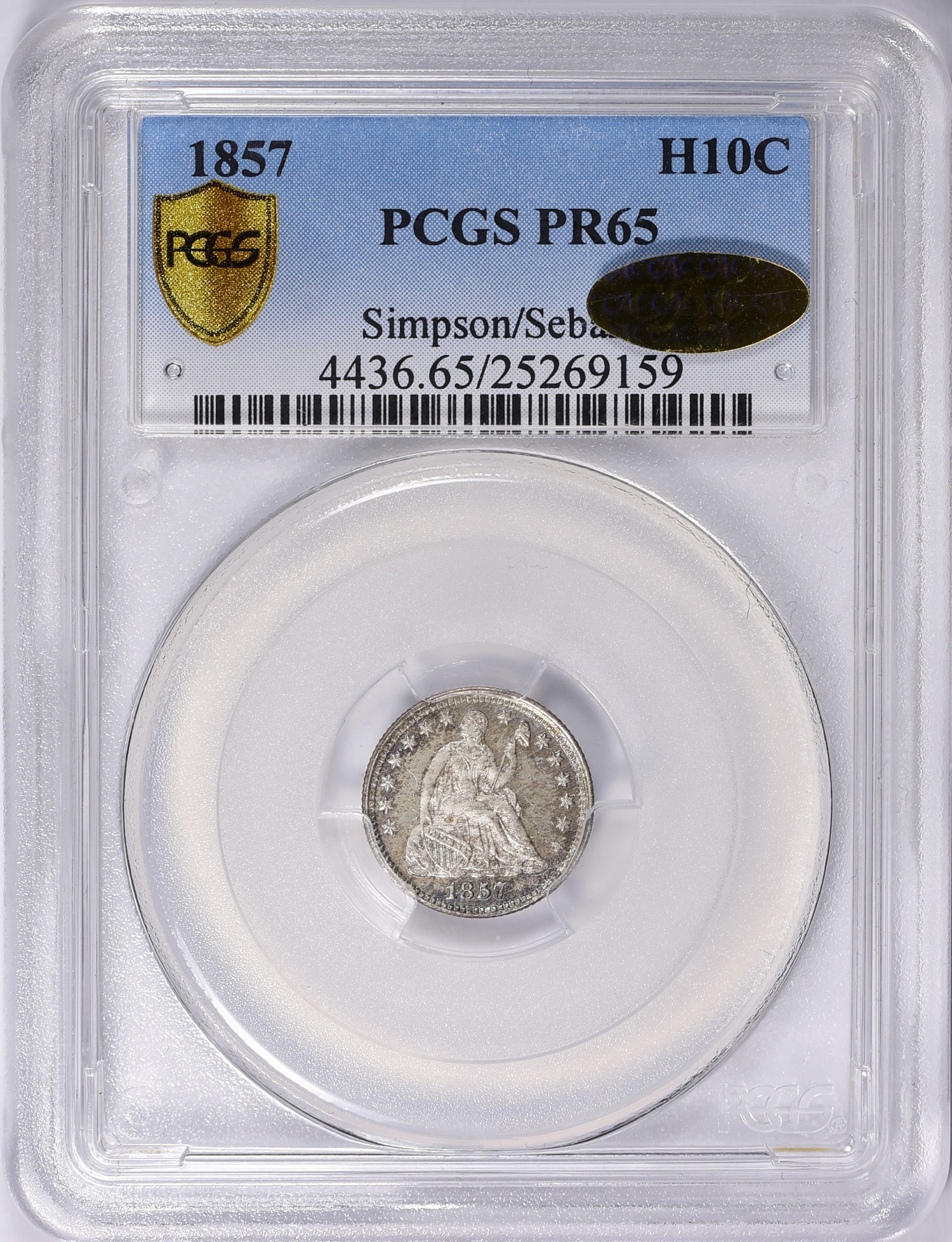 1857 Seated Liberty Half Dime PCGS Proof-65 (CAC Gold) (Simpson ...