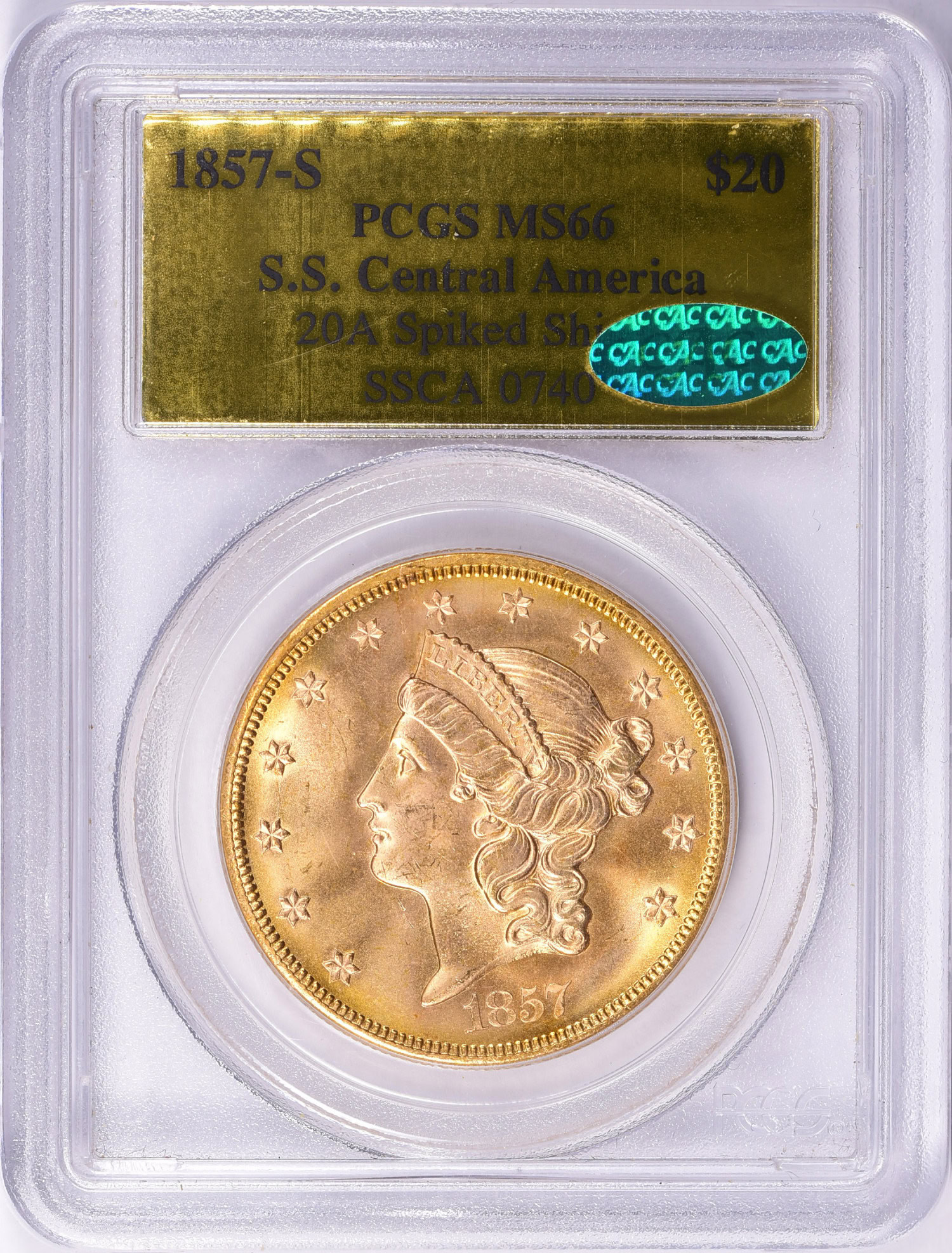 1857-S Liberty Gold Double Eagle Shipwreck S.S. Central America 20A Spiked Shield PCGS MS-66 ...