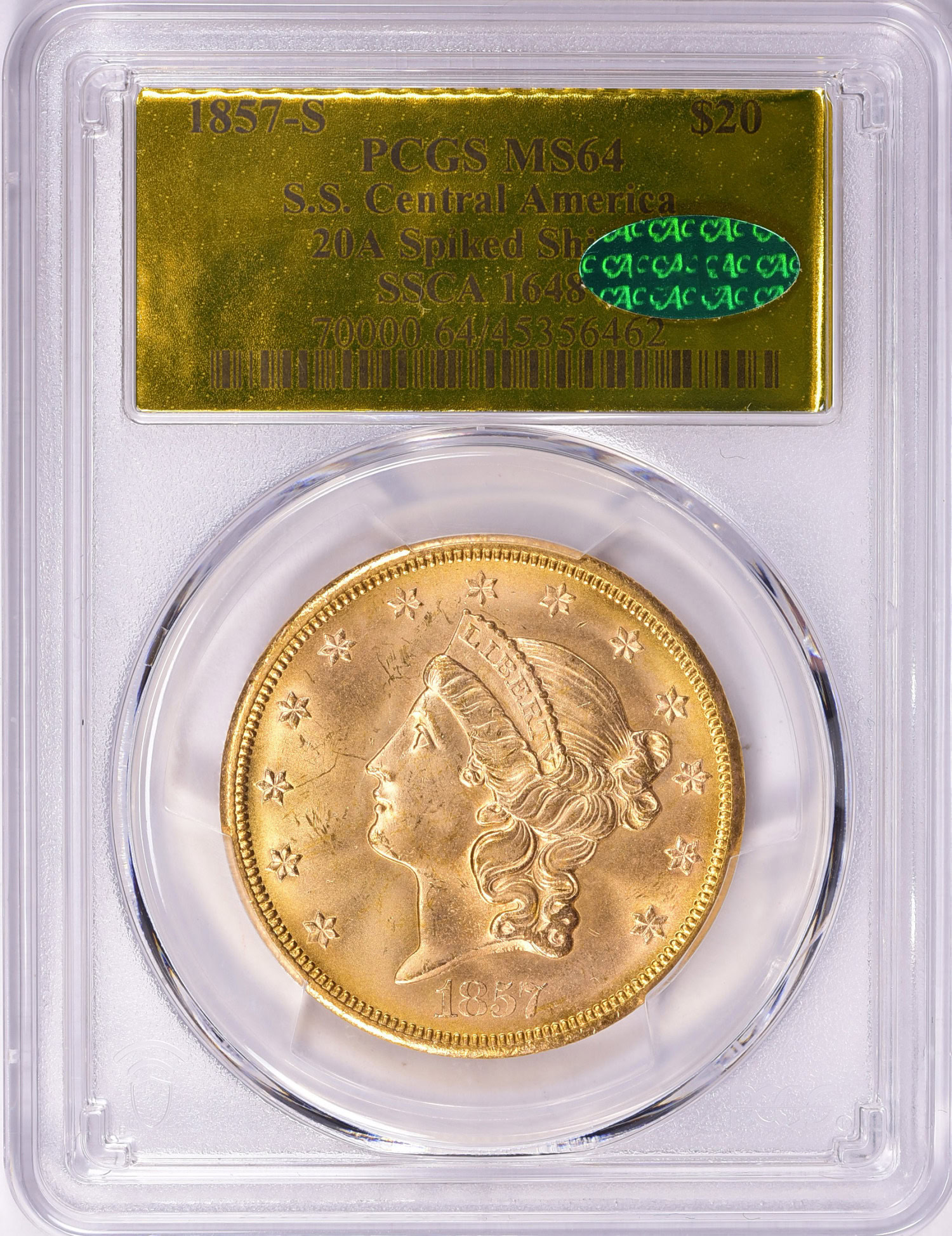 1857-S Liberty Gold Double Eagle Shipwreck S.S. Central America 20A Spiked Shield SSCA 1648 PCGS ...