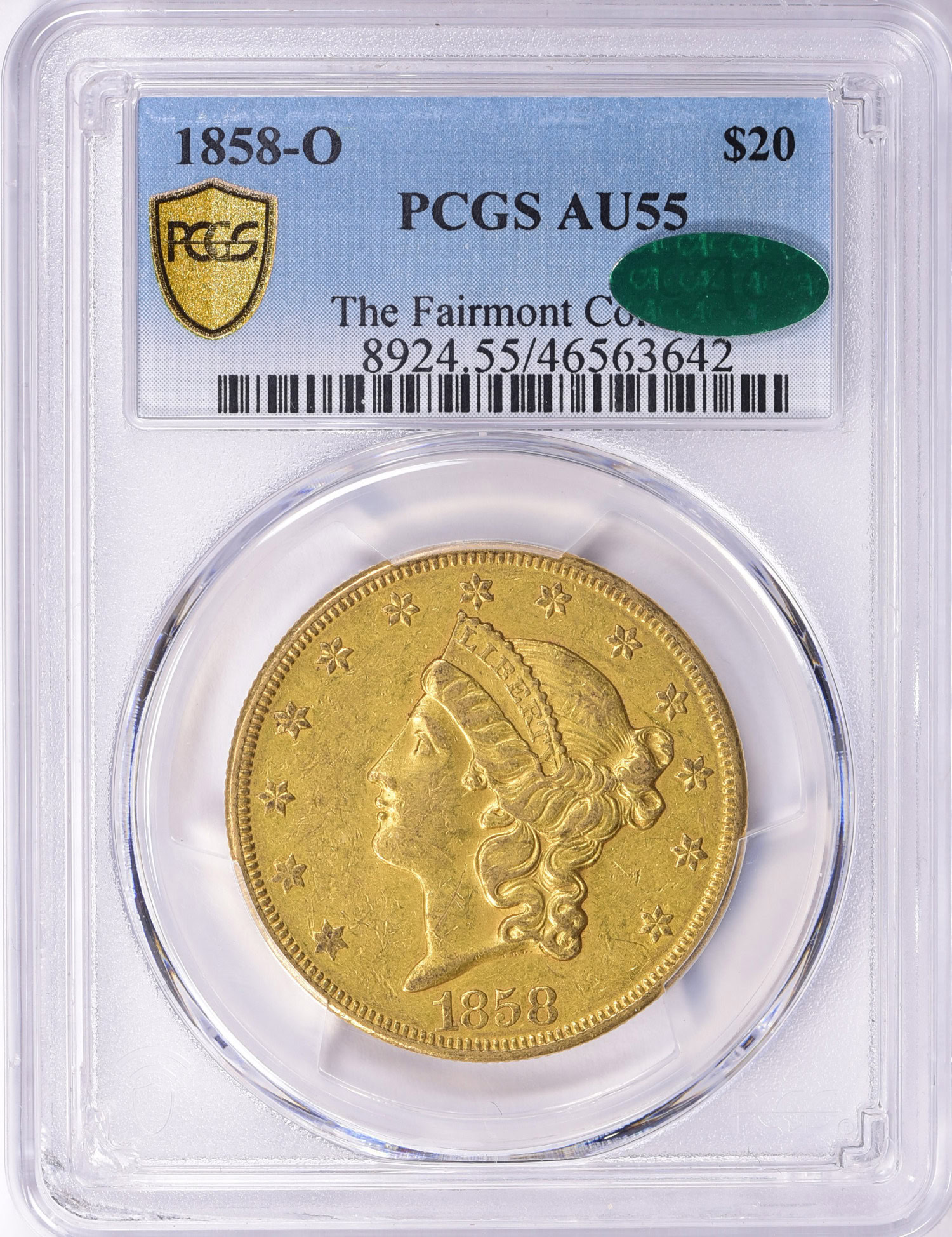 1858-O Liberty Gold Double Eagle PCGS AU-55 (CAC Green) (The Fairmont Collection) (Item 1432028 ...