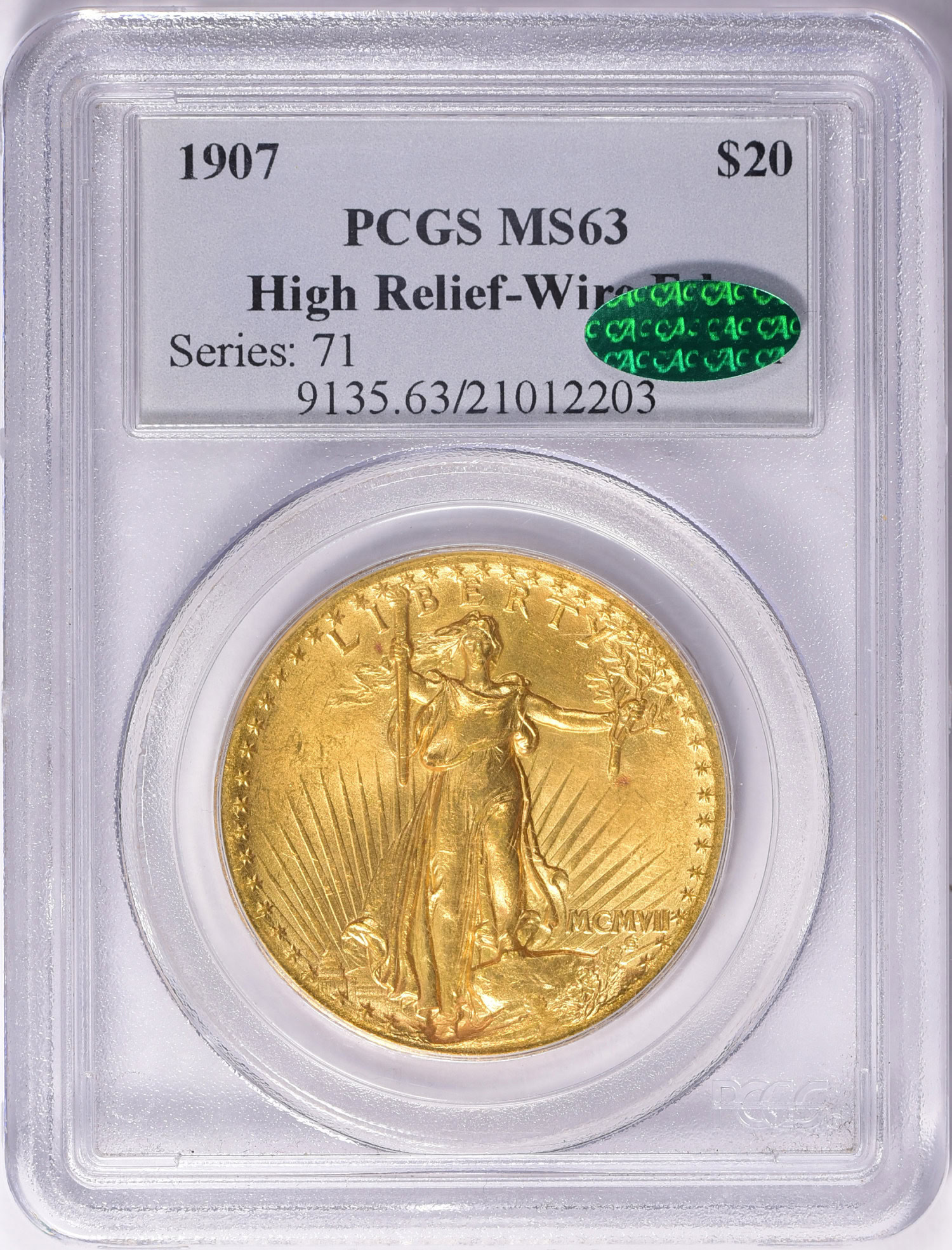 1907 Saint-Gaudens Gold Double Eagle MCMVII. High Relief, Wire Edge PCGS MS-63 (CAC Green) (Item ...