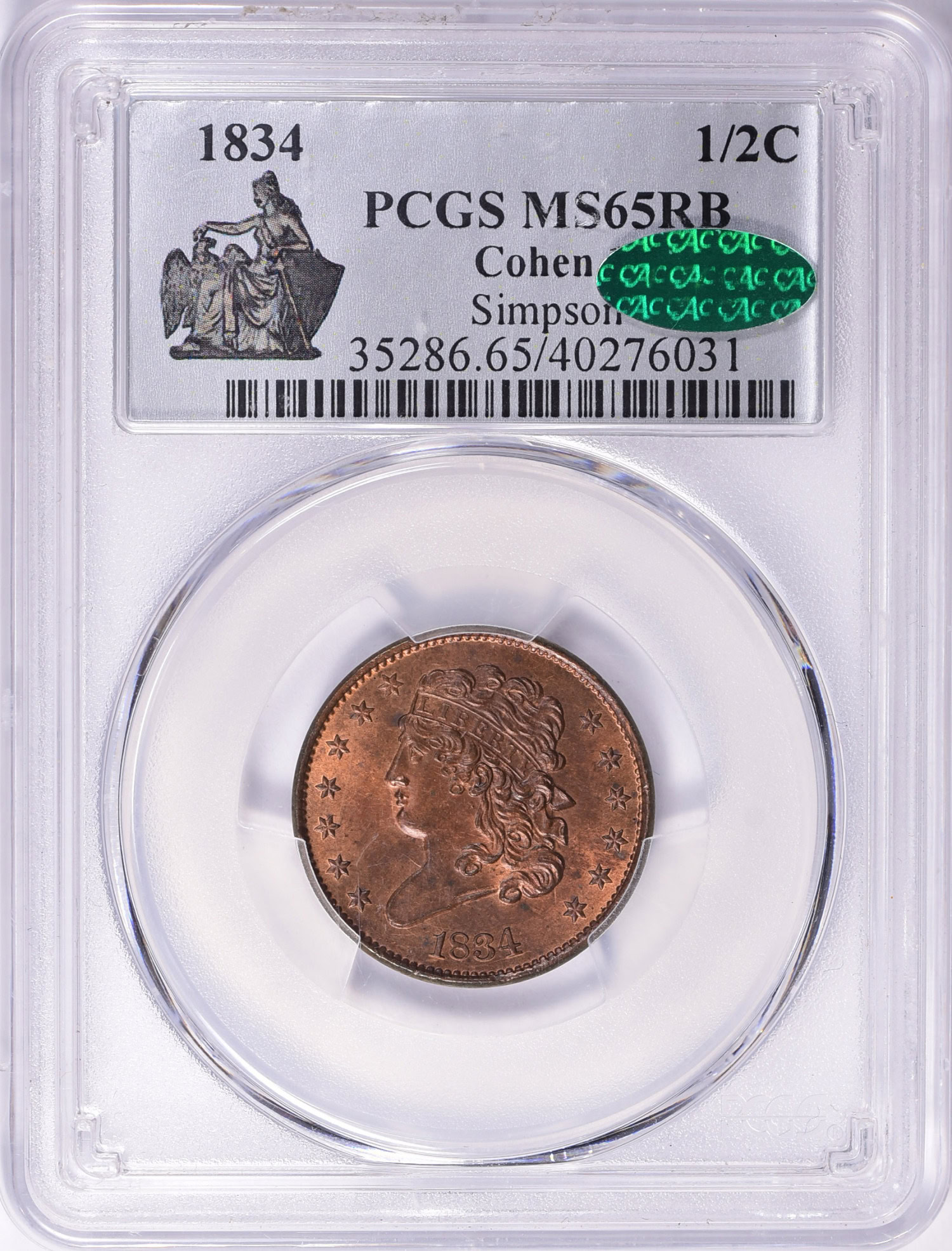 1834 Classic Half Cent Cohen 1 PCGS MS-65 RB (CAC Green) (Simpson Collection) (Item 1434615 ...