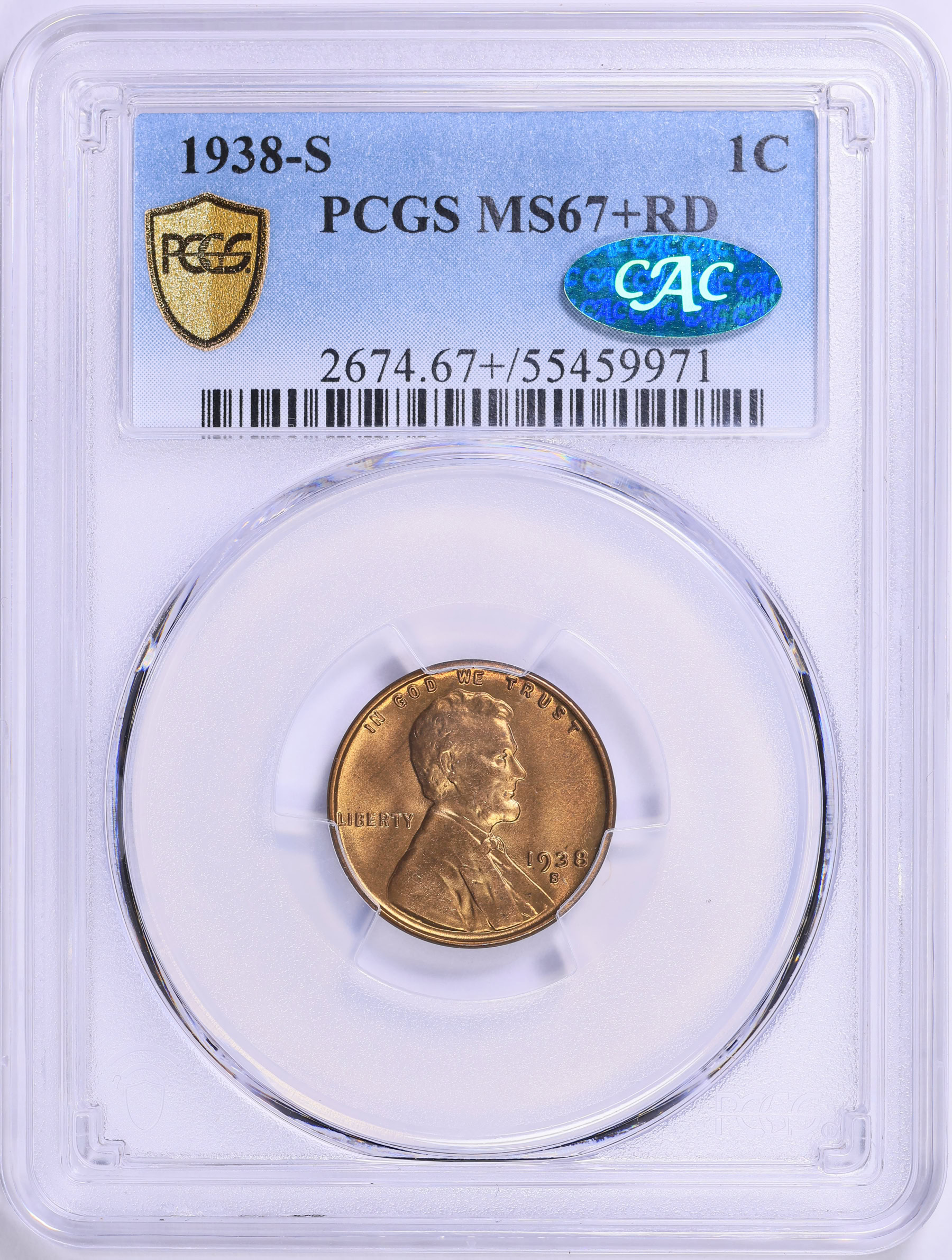 1938-S Lincoln Cent PCGS MS-67+ RD (CAC Green) (Item 1434971) | GreatCollections Coin Auctions