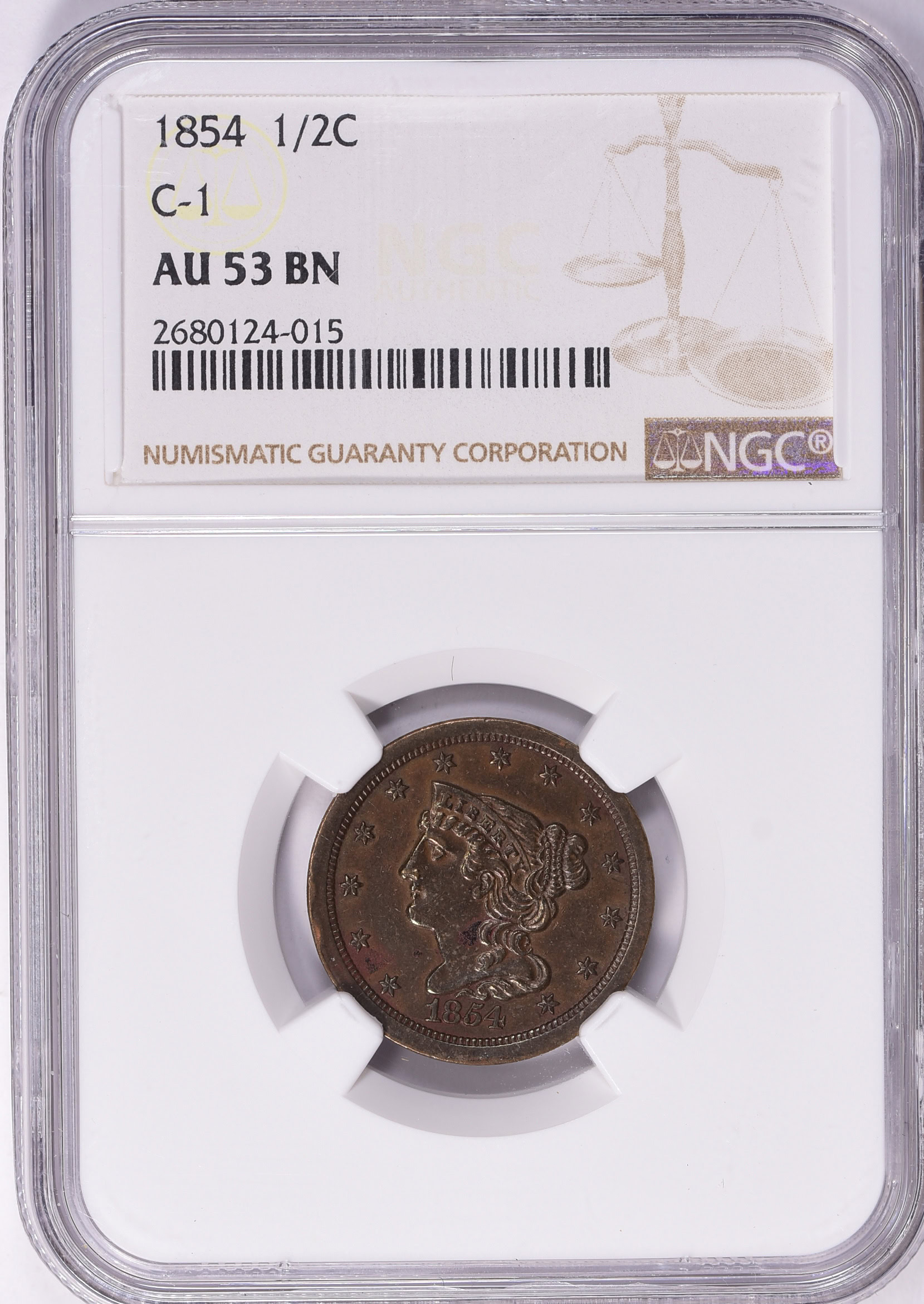 1854 Braided Hair Half Cent C-1 NGC AU-53 BN (Item 1436217) | GreatCollections Coin Auctions