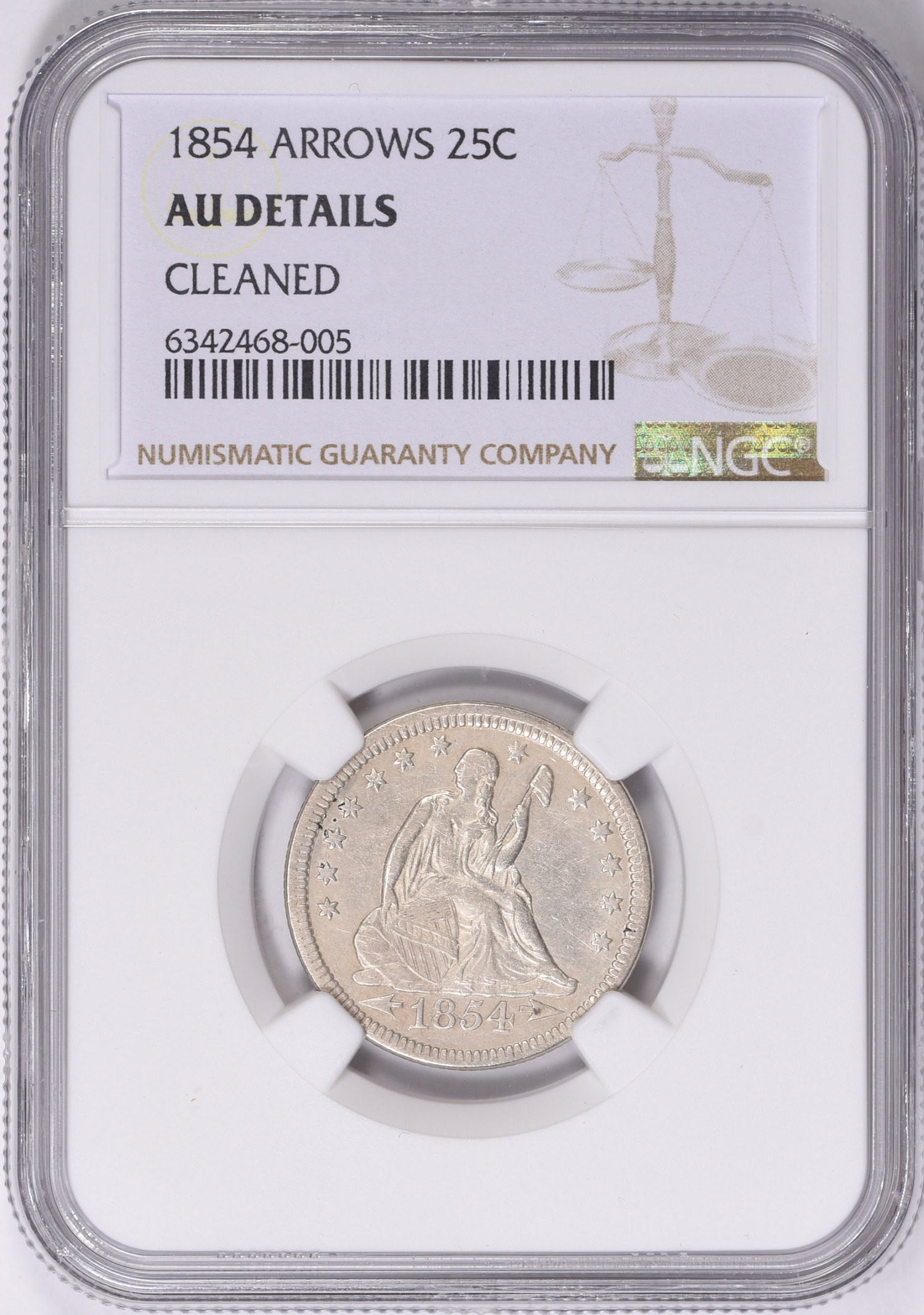 1854 Seated Liberty Quarter Arrows NGC AU Details (Item 1437949) | GreatCollections Coin Auctions