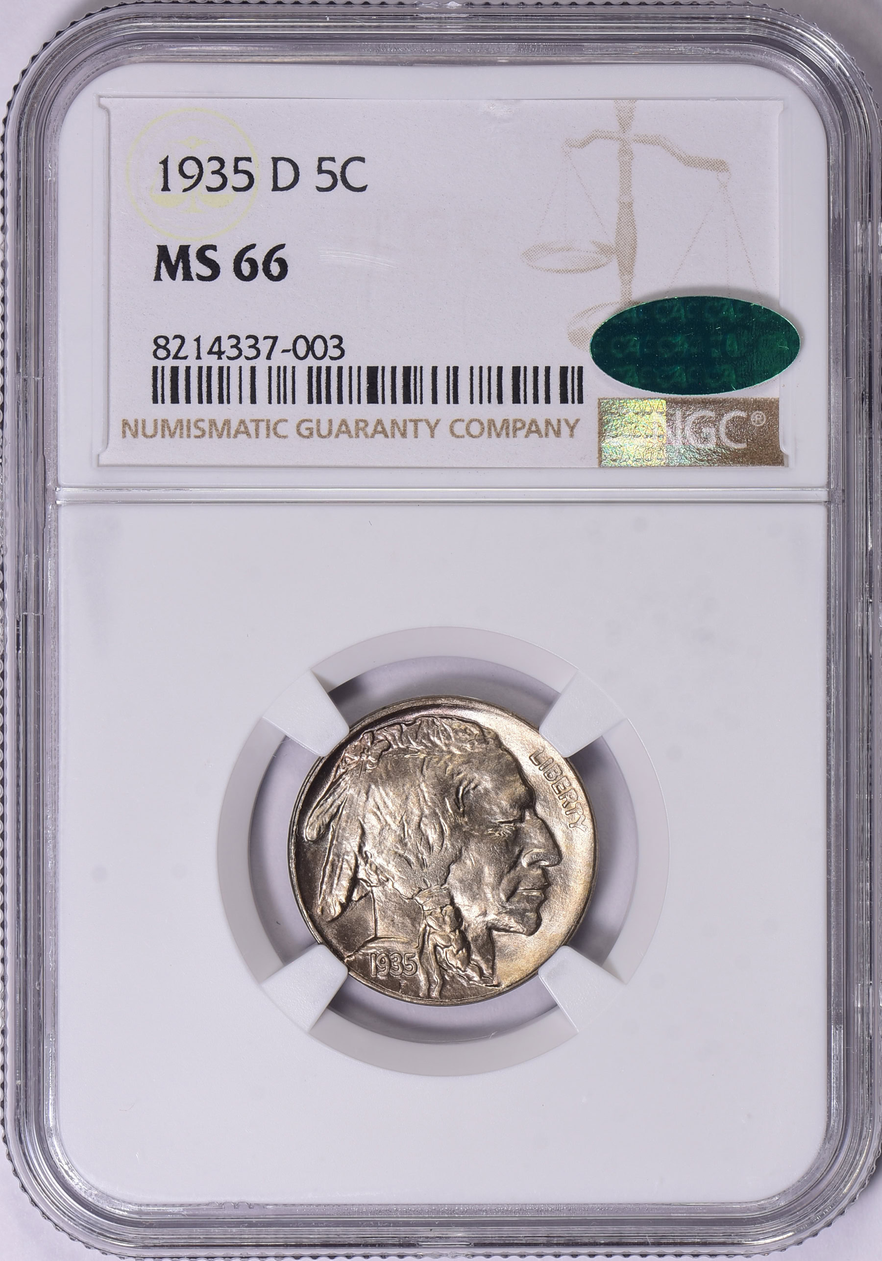 1935-D Buffalo Nickel NGC MS-66 (CAC Green) (Item 1438561) | GreatCollections Coin Auctions