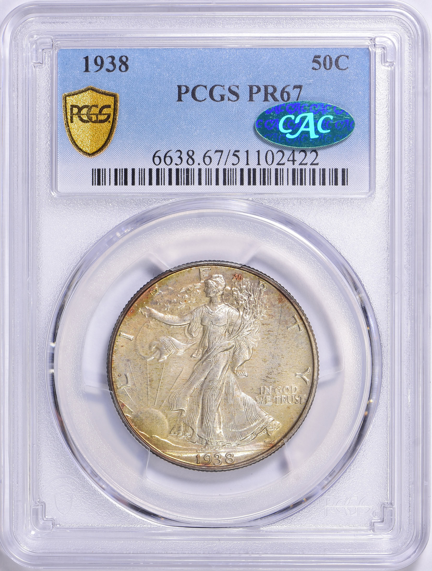 1938 Walking Liberty Half Dollar PCGS Proof-67 (CAC Green) (Toned) (Item 1438578 ...