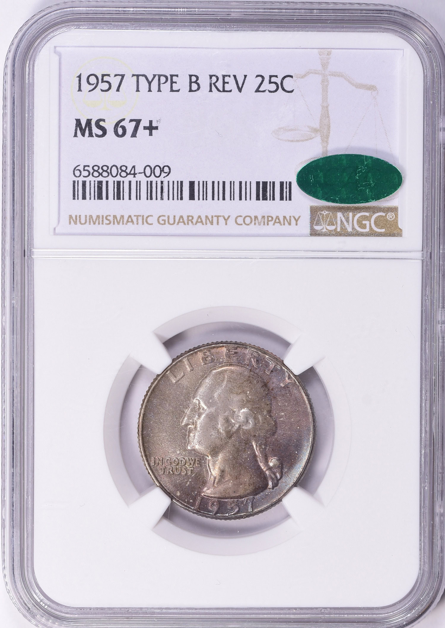 1957 Washington Quarter Type B Rev FS-901 NGC MS-67+ (CAC Green) (Toned) (Item 1438869 ...