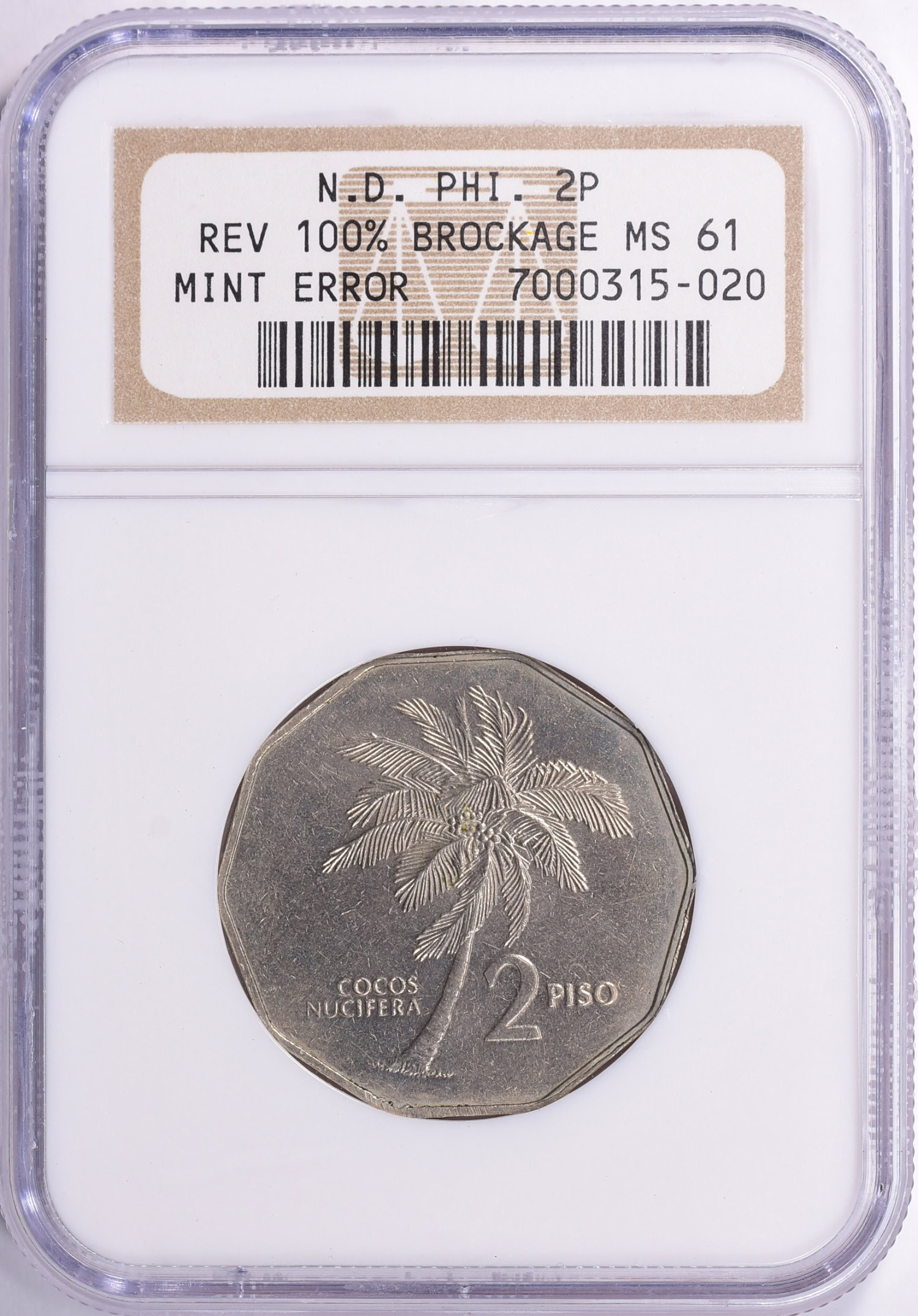 Philippines ND 2 Piso Reverse 100% Brockage Error NGC MS-61 | NGC Cert ...