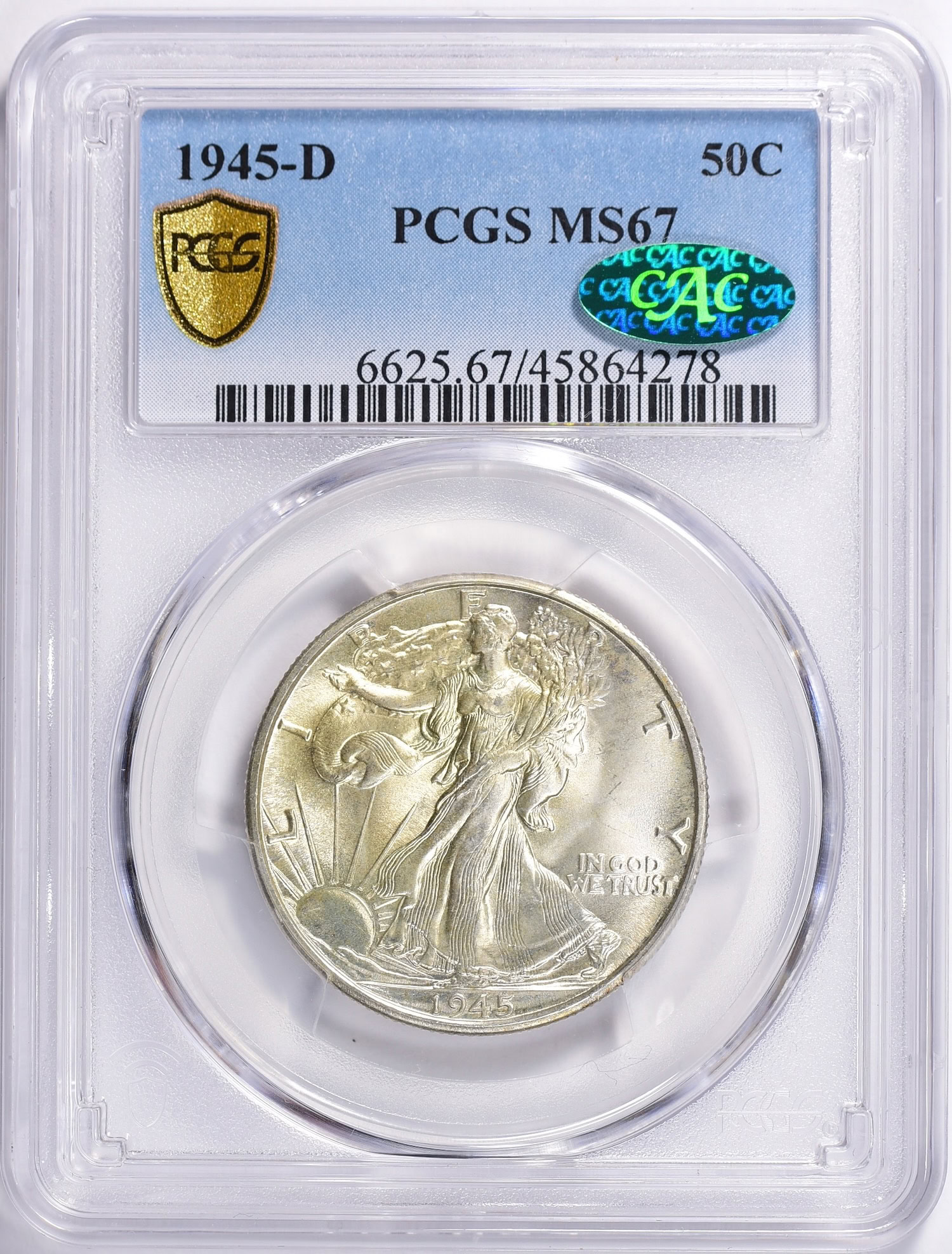 1945-D Walking Liberty Half Dollar PCGS MS-67 (CAC Green) (Item 1439450) | GreatCollections Coin ...