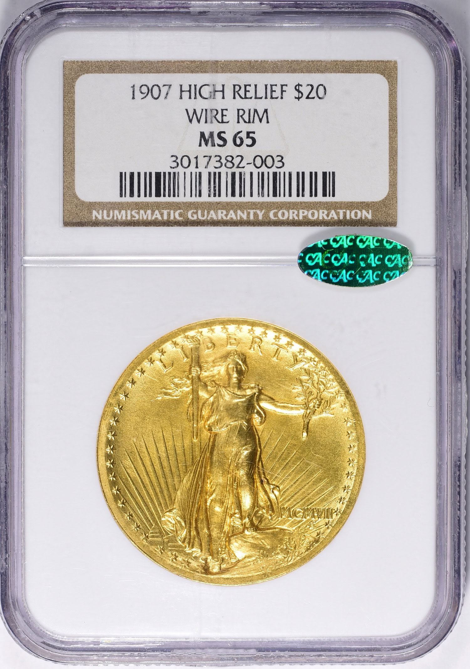 1907 Saint-Gaudens Gold Double Eagle MCMVII. High Relief, Wire Edge NGC MS-65 (CAC Green) (Item ...