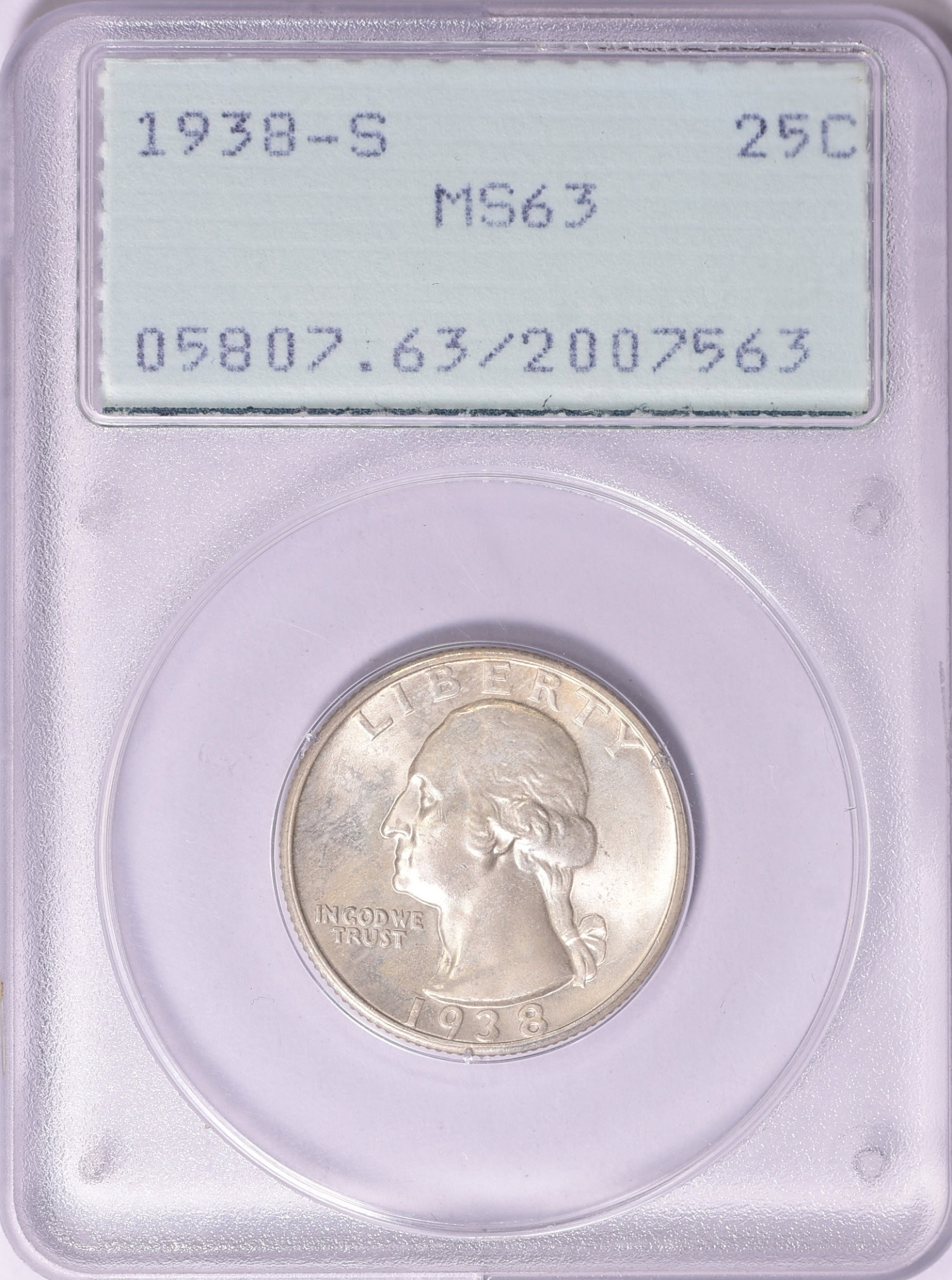 1938-S Washington Quarter PCGS MS-63 OGH (1st Gen) (Item 1443748) | GreatCollections Coin Auctions