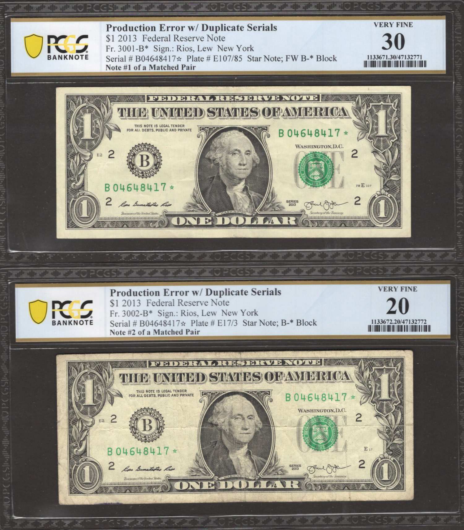 Fr. 3001-B★ & 3002-B★ $1 New York Federal Reserve Error Star Note Pair ...