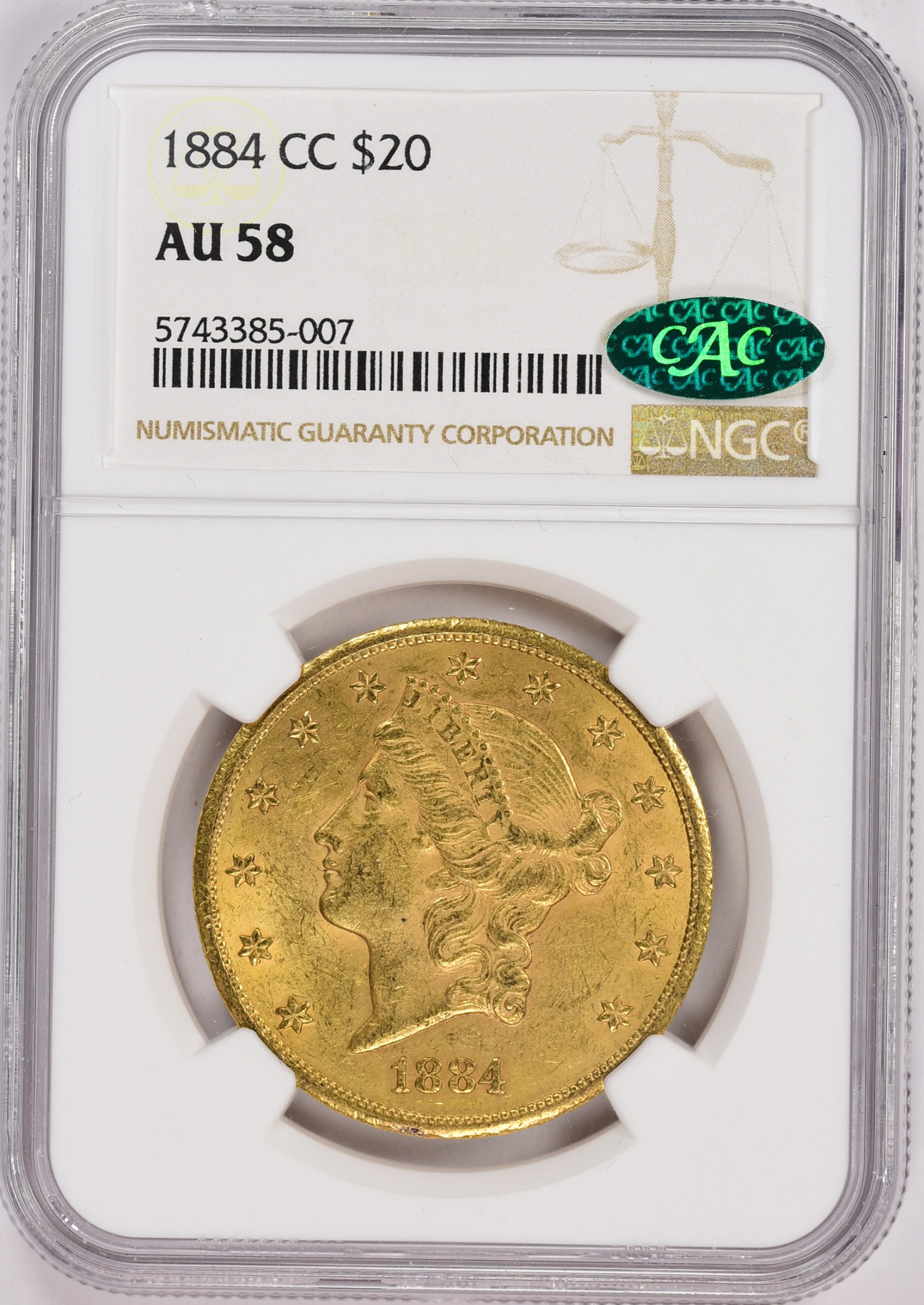 1884-CC Liberty Gold Double Eagle NGC AU-58 (CAC Green) (Item 1449121) | GreatCollections Coin ...