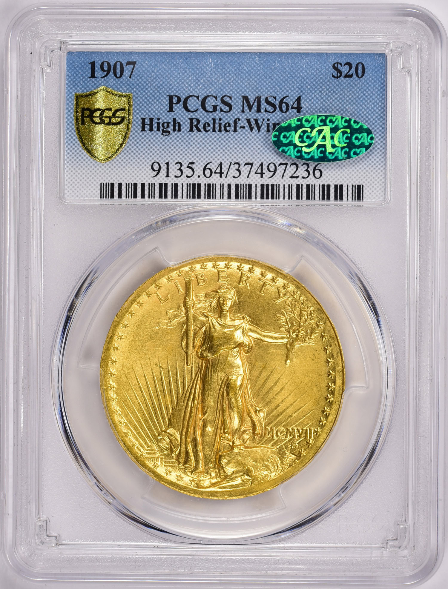 1907 Saint-Gaudens Gold Double Eagle MCMVII. High Relief, Wire Edge PCGS MS-64 (CAC Green) (Item ...