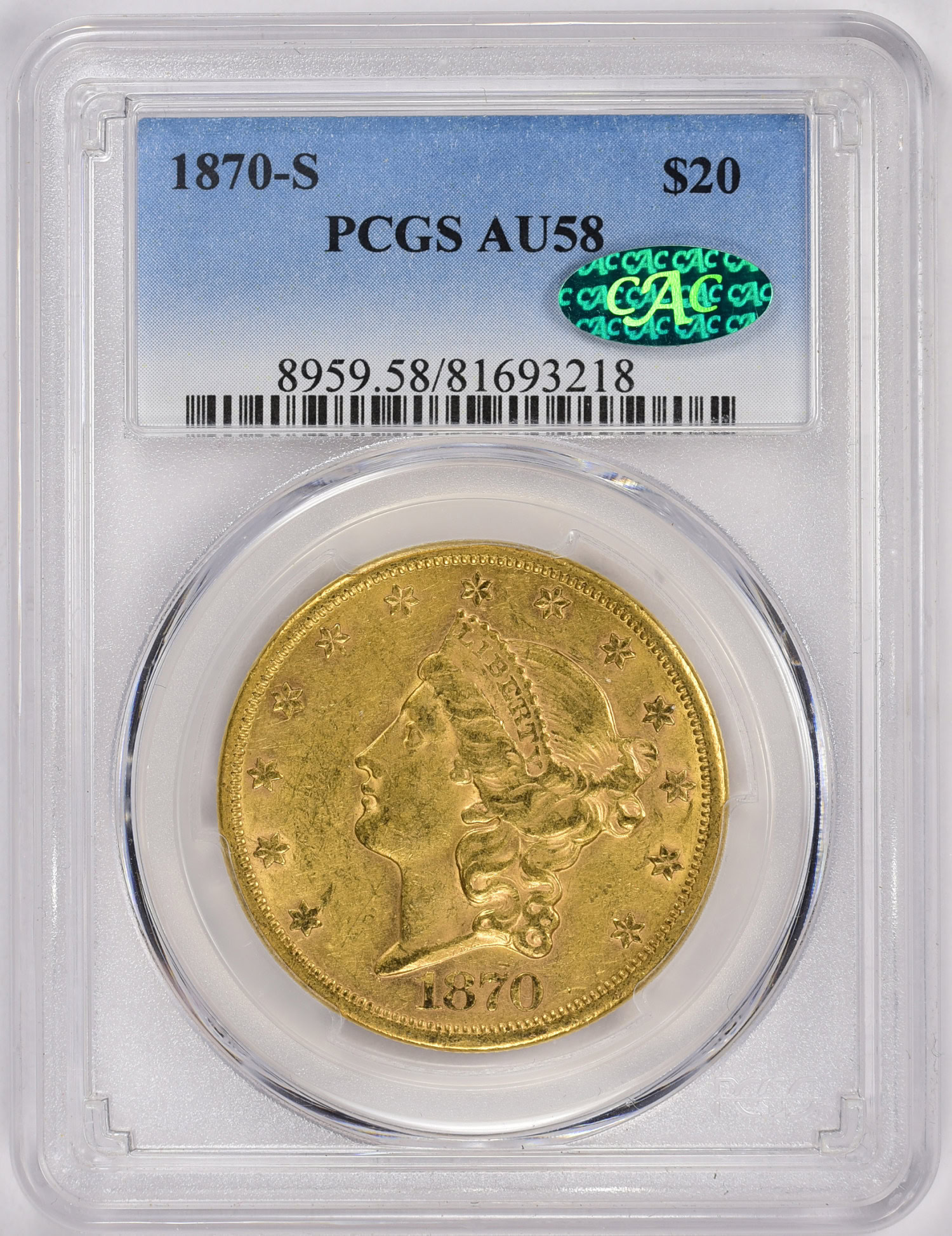 1870-S Liberty Gold Double Eagle PCGS AU-58 (CAC Green) (Item 1449228) | GreatCollections Coin ...