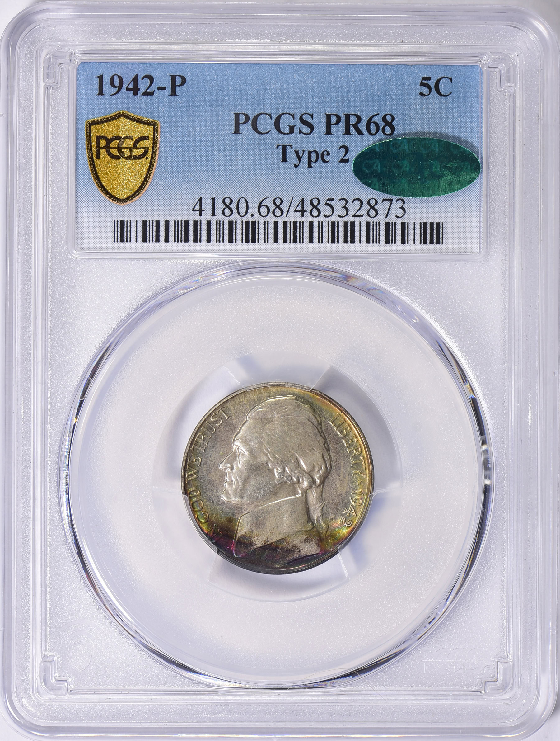 1942-P Jefferson Nickel Type 2 PCGS Proof-68 (CAC Green) (Toned) (Item ...