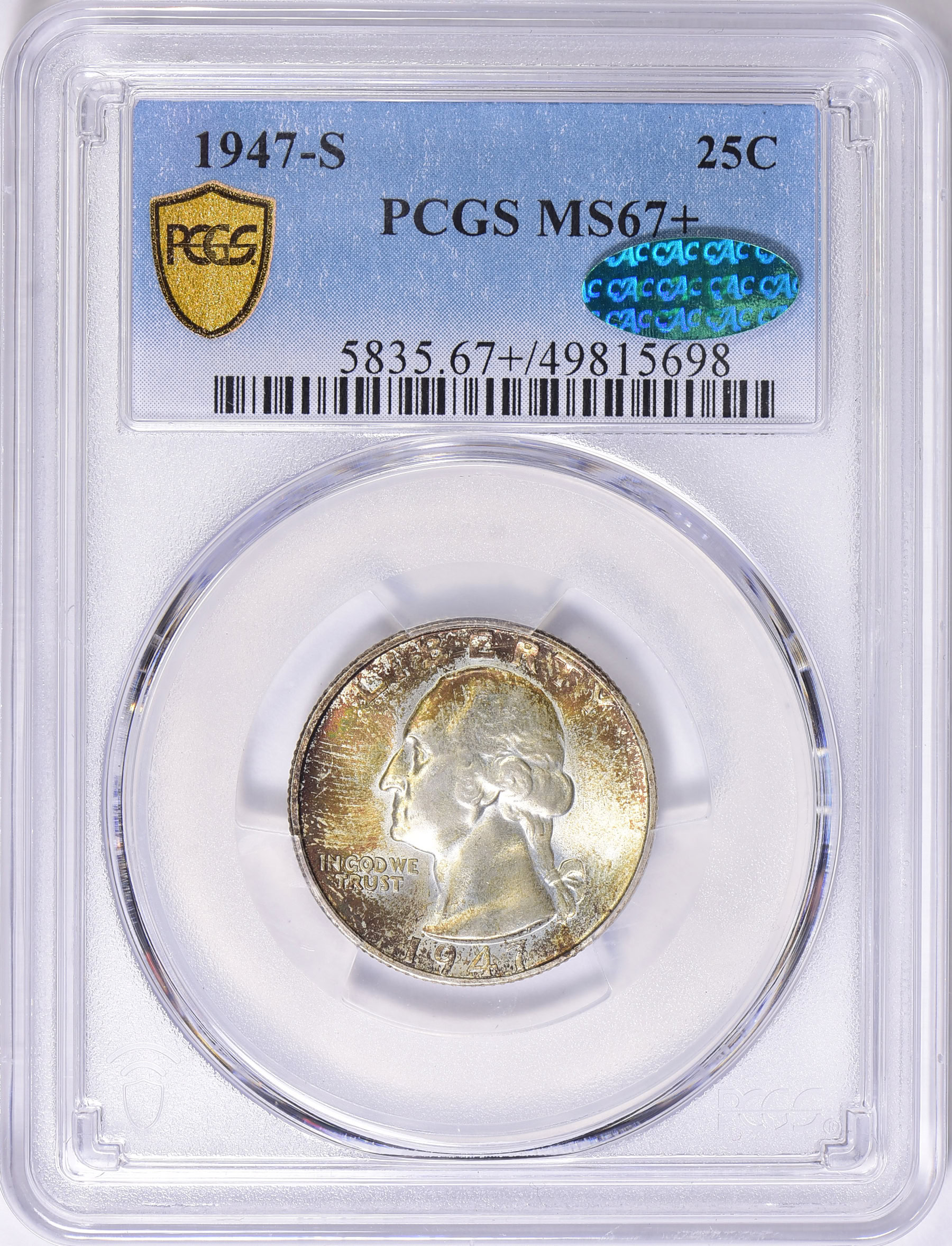 1947-S Washington Quarter PCGS MS-67+ (Toned) (CAC Green) (Item 1450535) | GreatCollections Coin ...