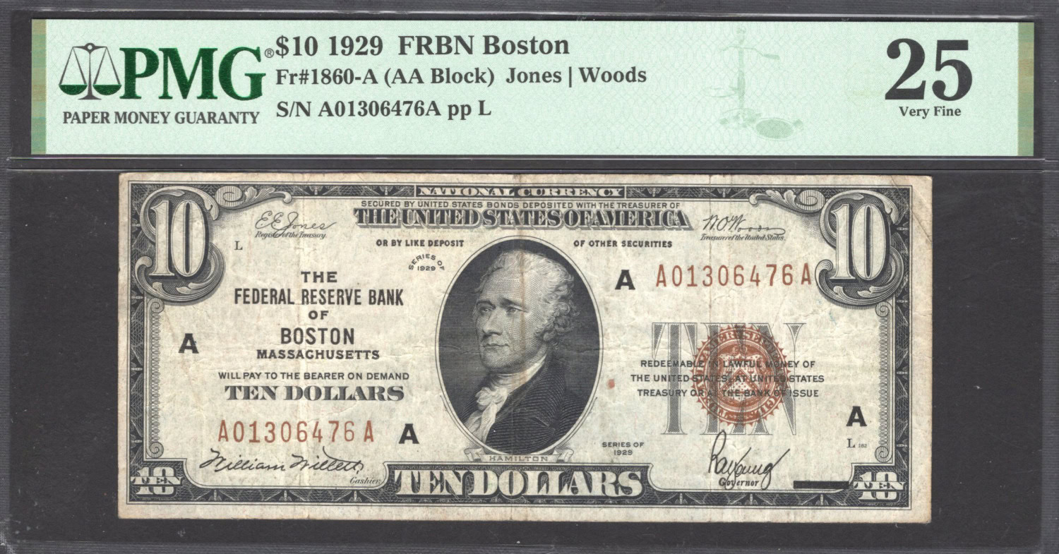 Fr. 1860-A (AA Block) 1929 $10 Boston Federal Reserve Bank Note Jones ...