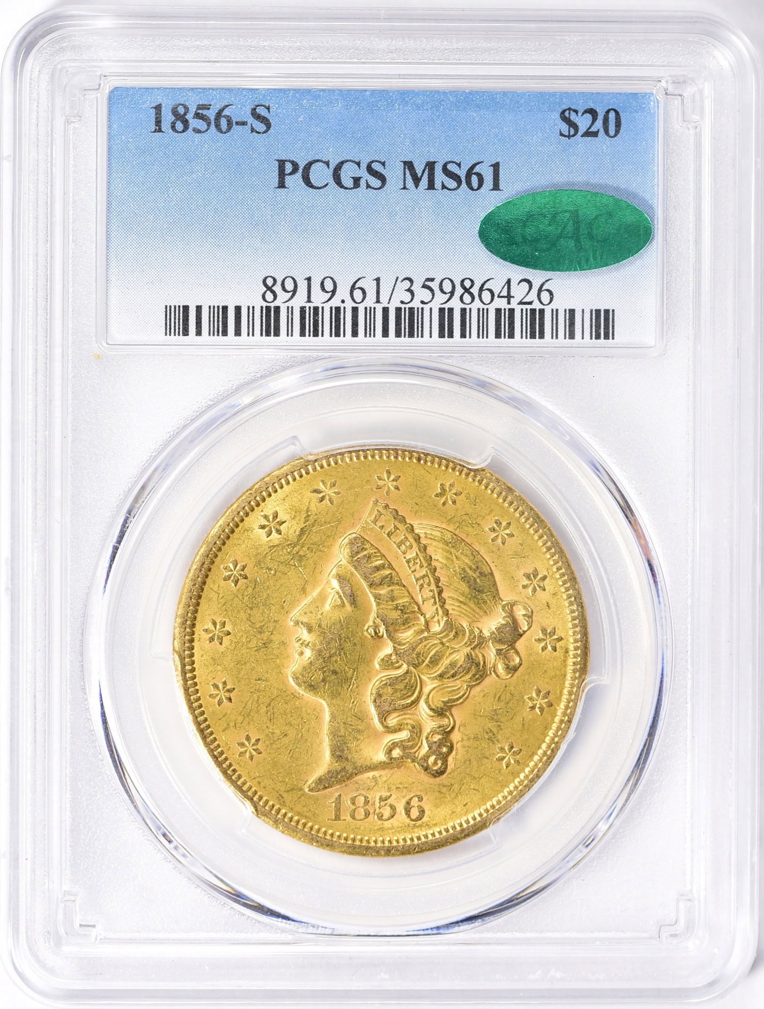 1856-S Liberty Gold Double Eagle PCGS MS-61 (CAC Green) (Item 1452321) | GreatCollections Coin ...