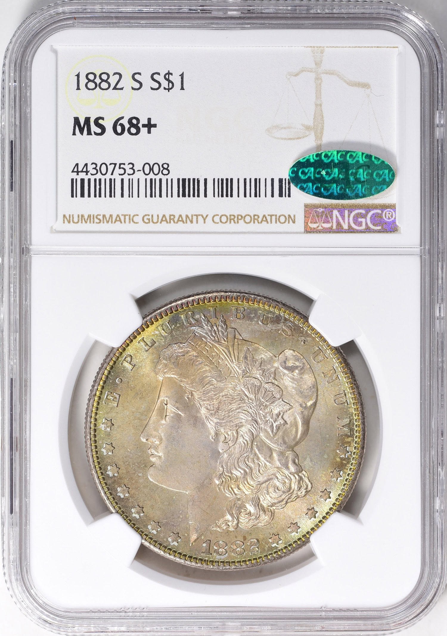 1882-S Morgan Silver Dollar NGC MS-68+ (CAC Green) (Toned) (Item 1452405) | GreatCollections ...