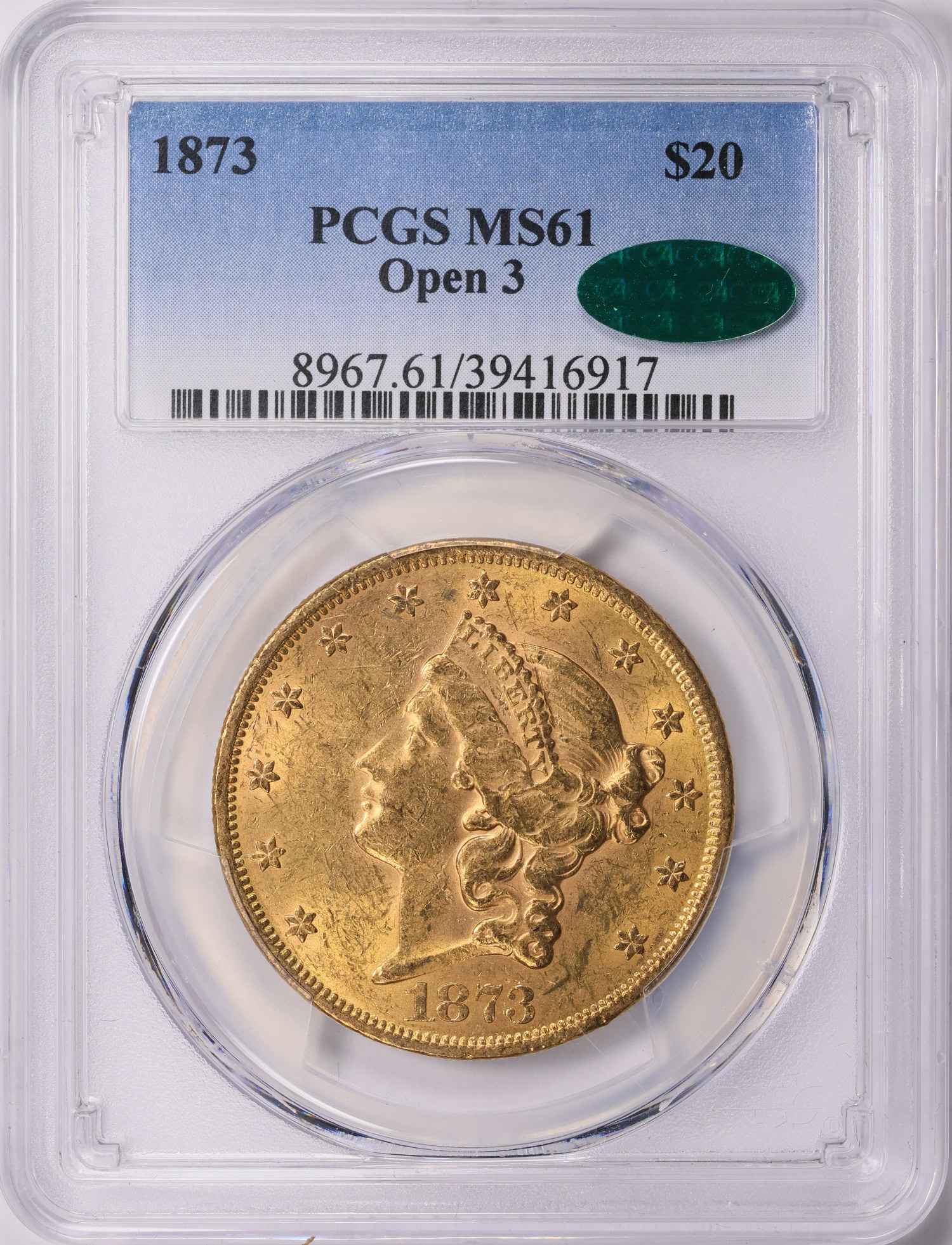 1873 Liberty Gold Double Eagle Open 3 PCGS MS-61 (CAC Green) (Item 1453759) | GreatCollections ...