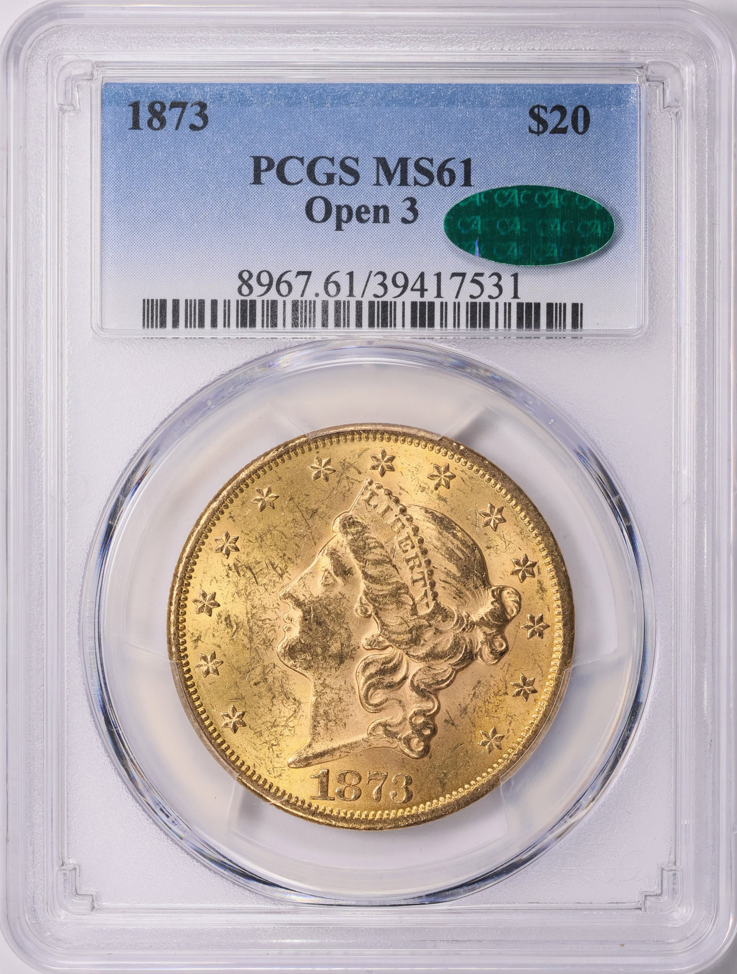 1873 Liberty Gold Double Eagle Open 3 PCGS MS-61 (CAC Green) (Item 1453763) | GreatCollections ...