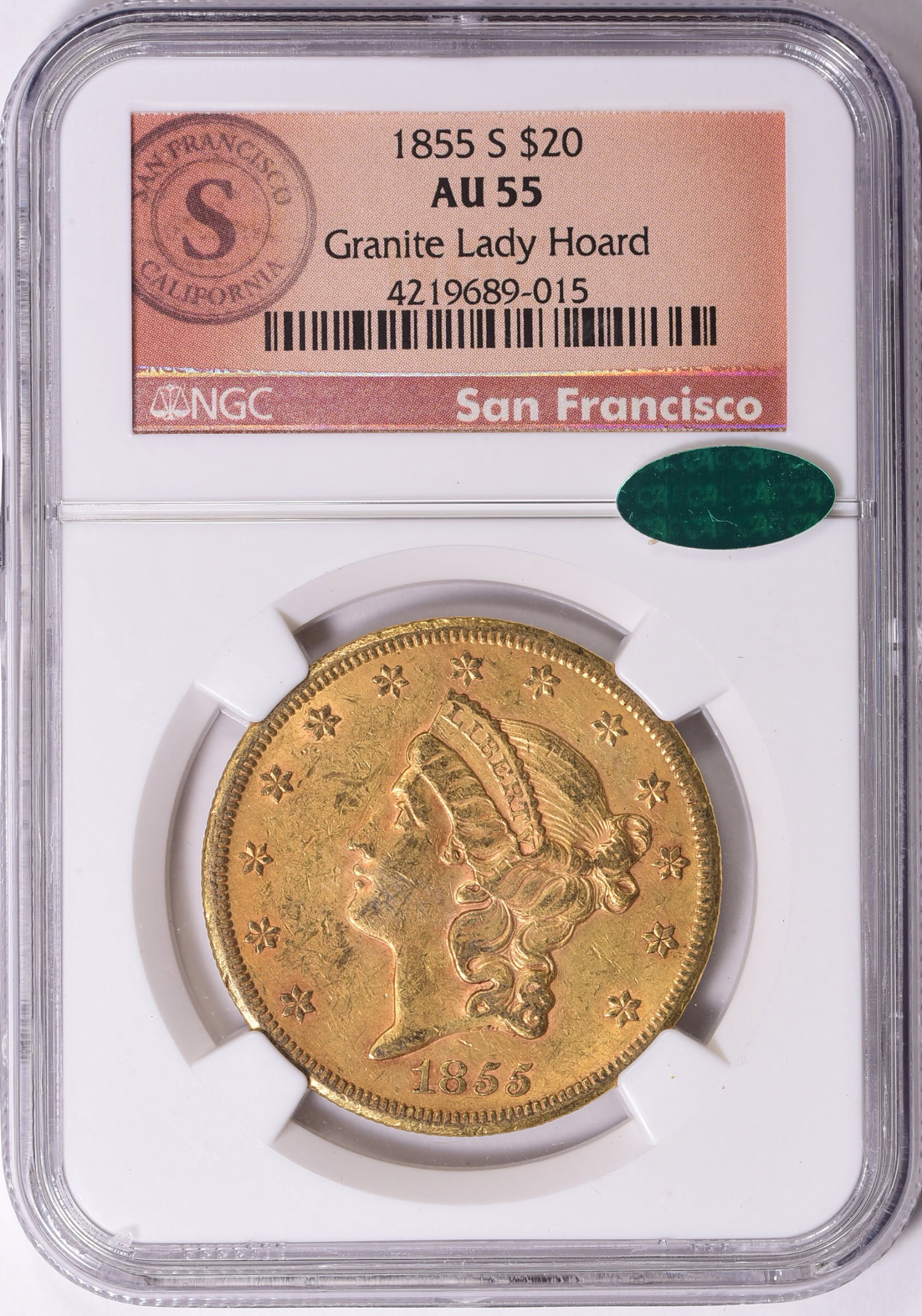 1855-S Liberty Gold Double Eagle NGC AU-55 (CAC Green) (Granite Lady Hoard) (Item 1453803 ...