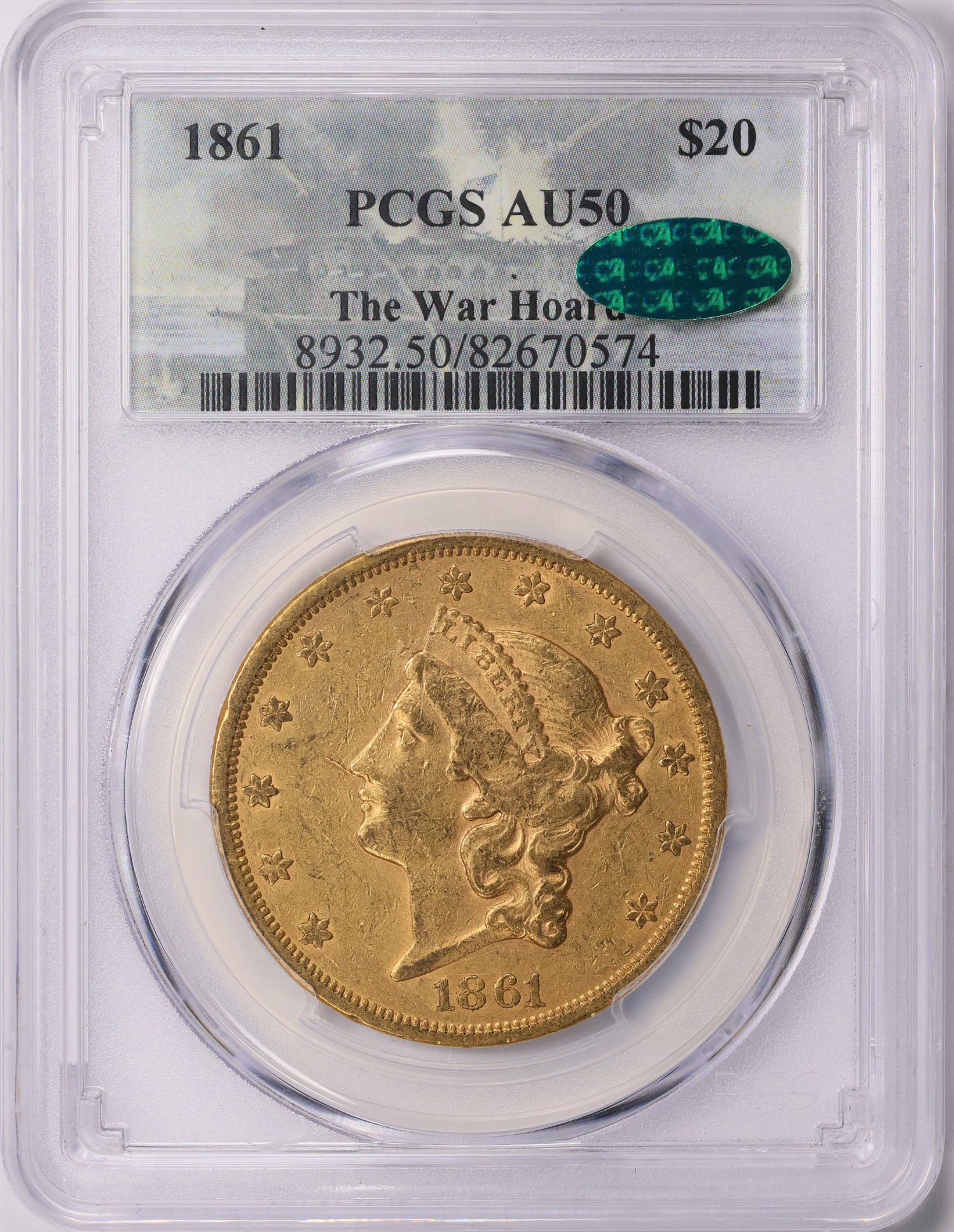1861 Liberty Gold Double Eagle PCGS AU-50 (CAC Green) (The War Hoard ...