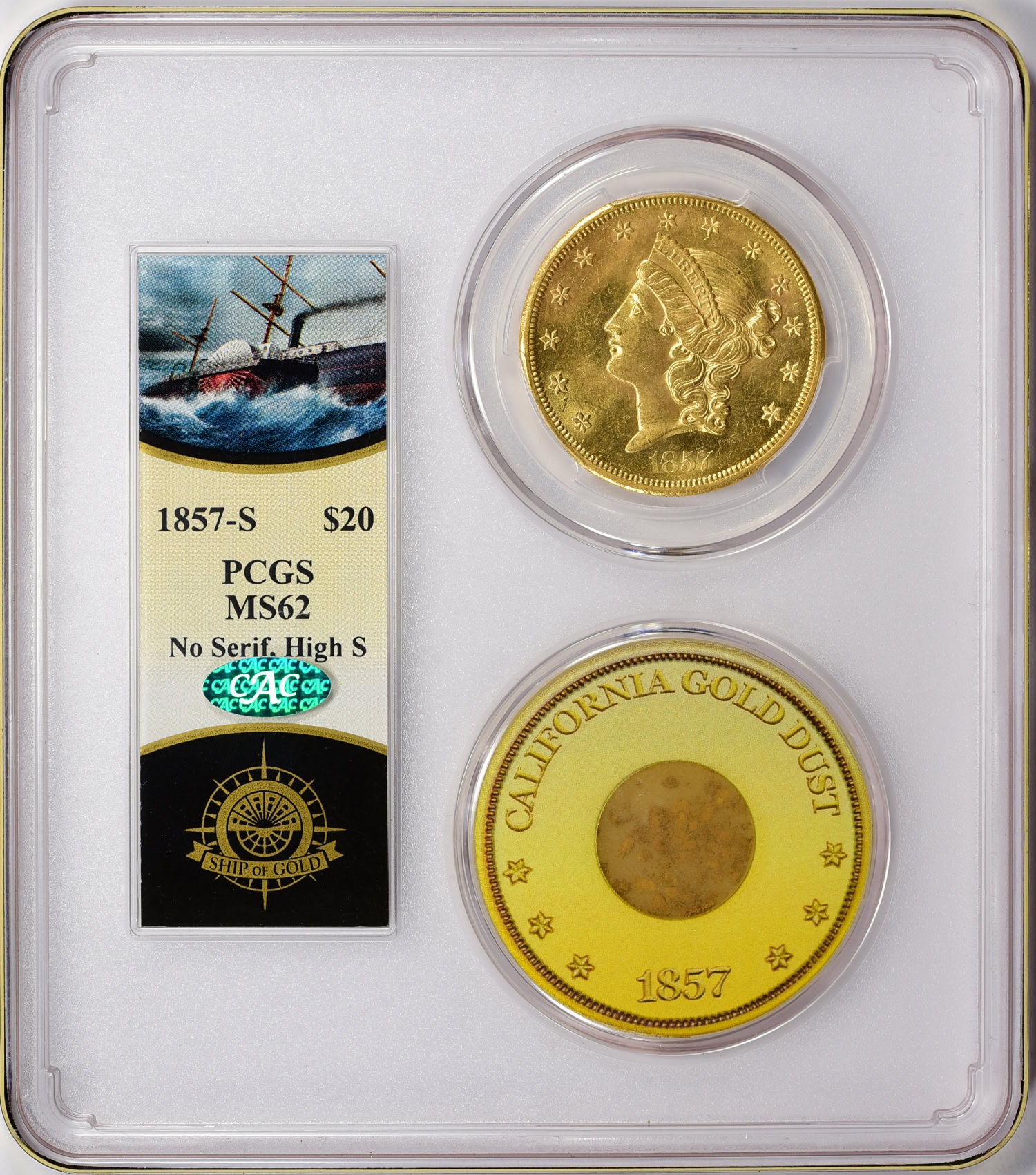 1857-S Liberty Gold Double Eagle No Serif, High S Shipwreck S.S. Central America PCGS MS-62 ...