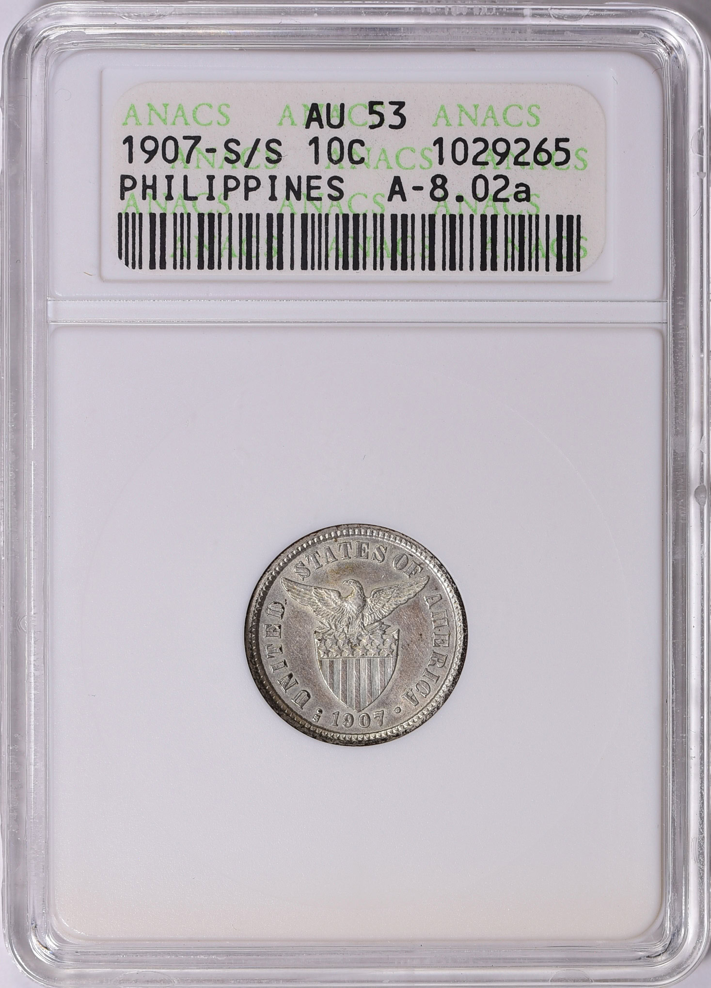 1907-S/S U.S. & Republic Philippines Issues Ten Centavos Allen-8.02a ...