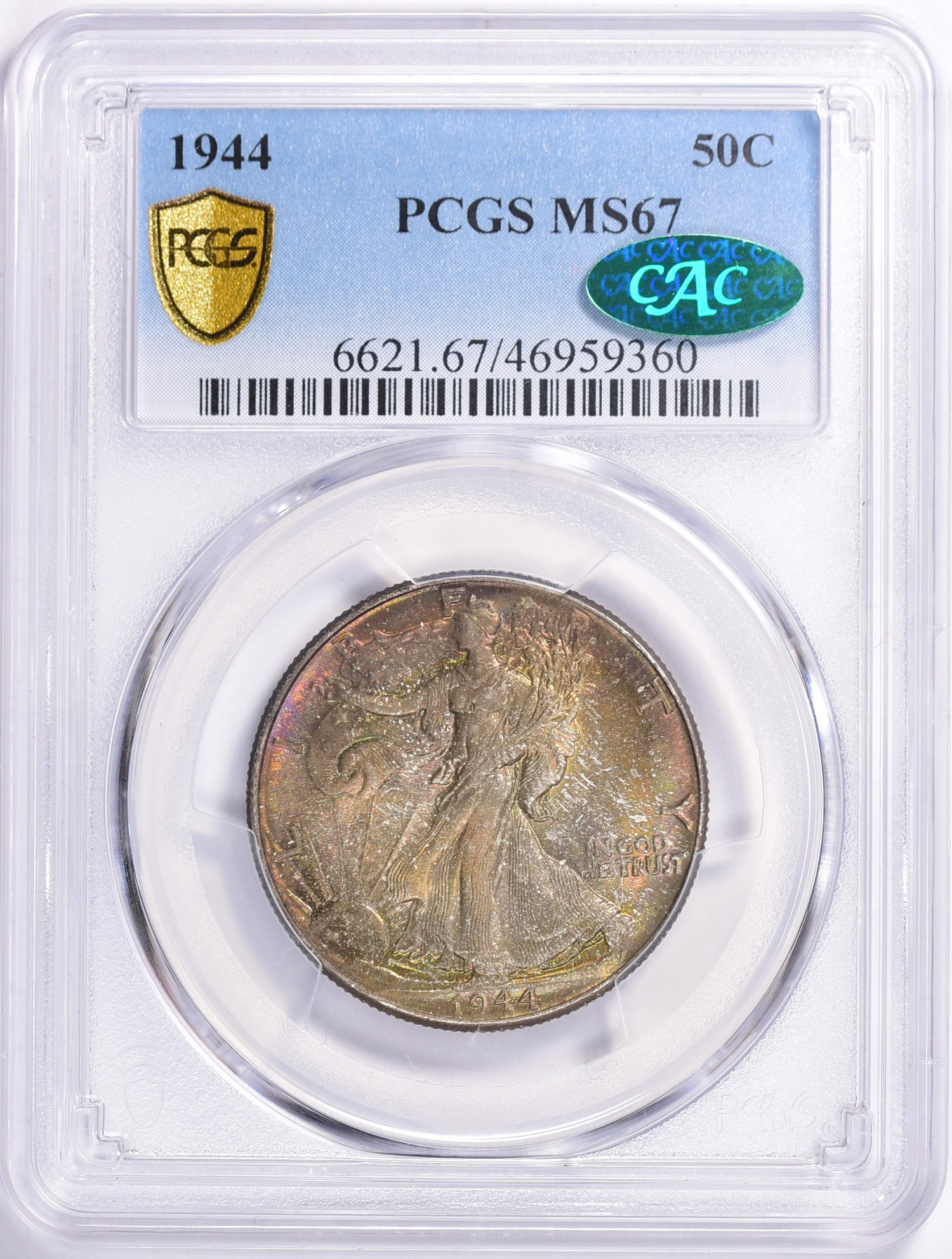 1944 Walking Liberty Half Dollar PCGS MS-67 (CAC Green) (Toned) (Item 1454852 ...