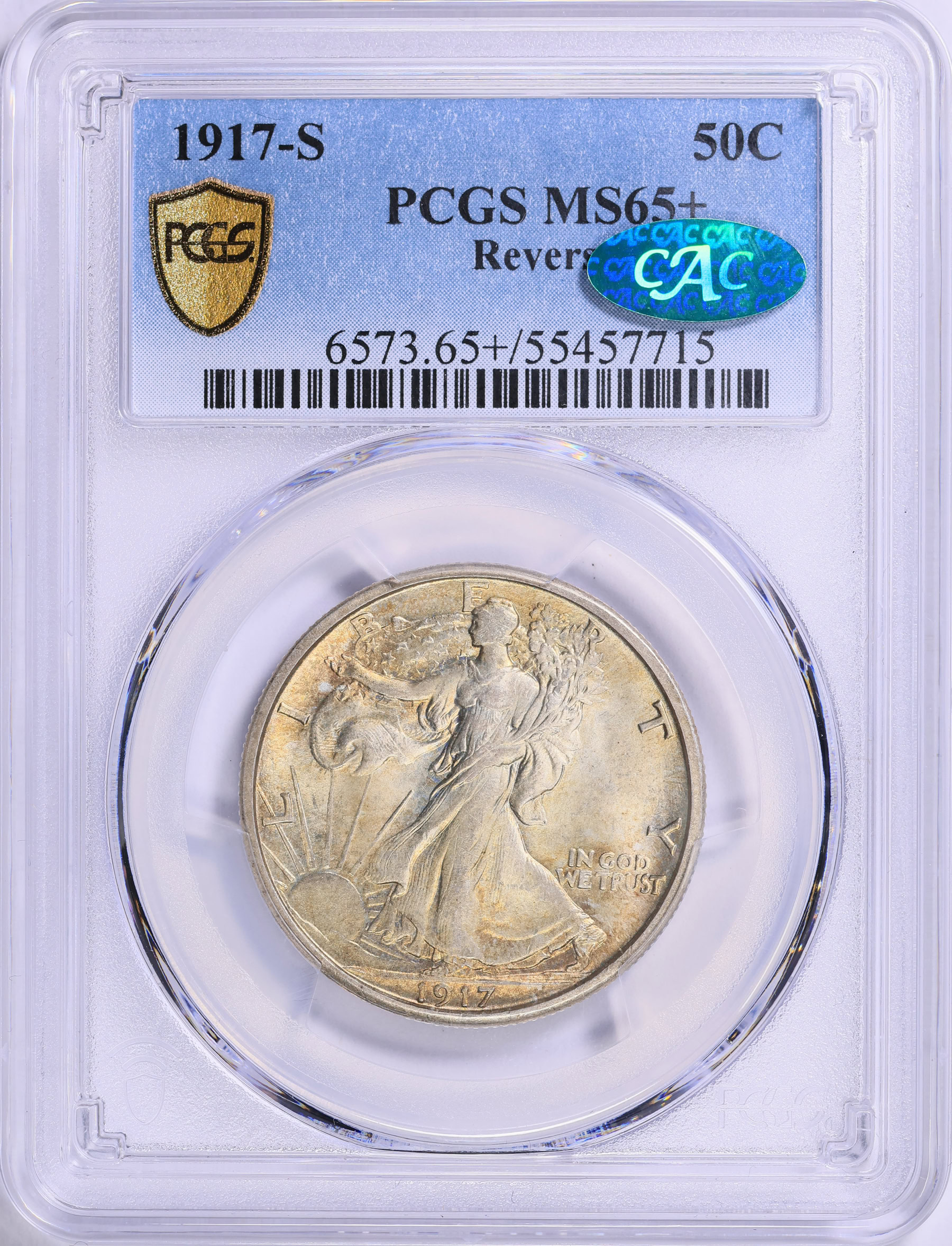 1917-S Walking Liberty Half Dollar Reverse Mintmark PCGS MS-65+ (CAC Green) (Toned) (Item ...