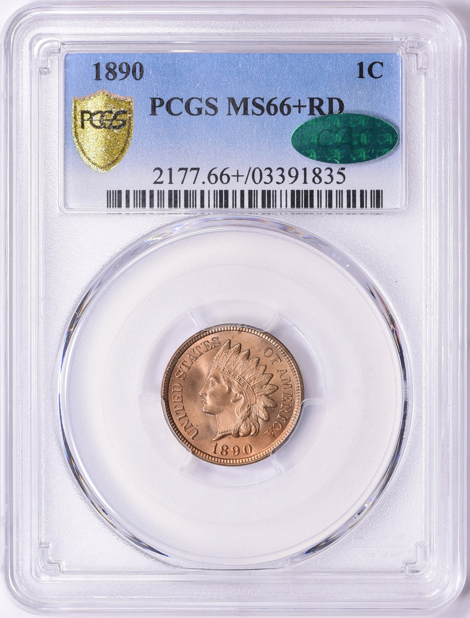 1890 Indian Cent PCGS MS-66+ RD (CAC Green) (Item 1455932) | GreatCollections Coin Auctions