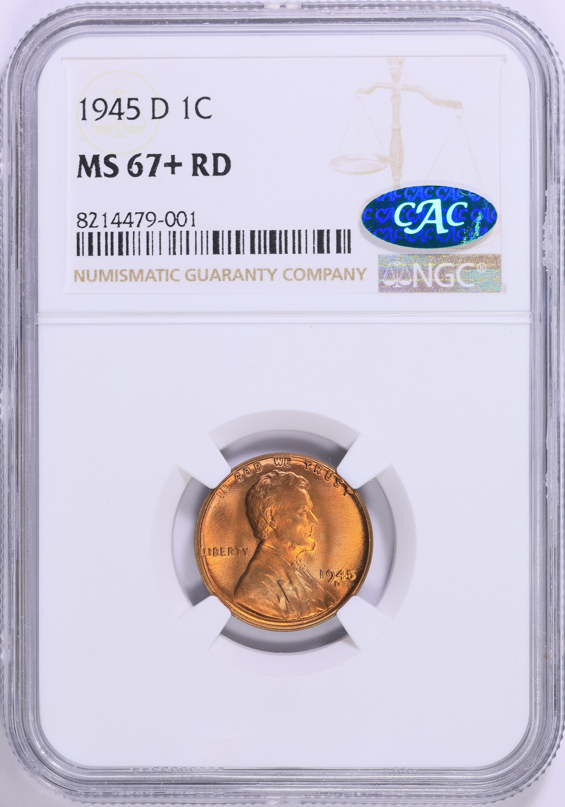 1945-D Lincoln Cent NGC MS-67+ RD (CAC Green) (Item 1459365) | GreatCollections Coin Auctions