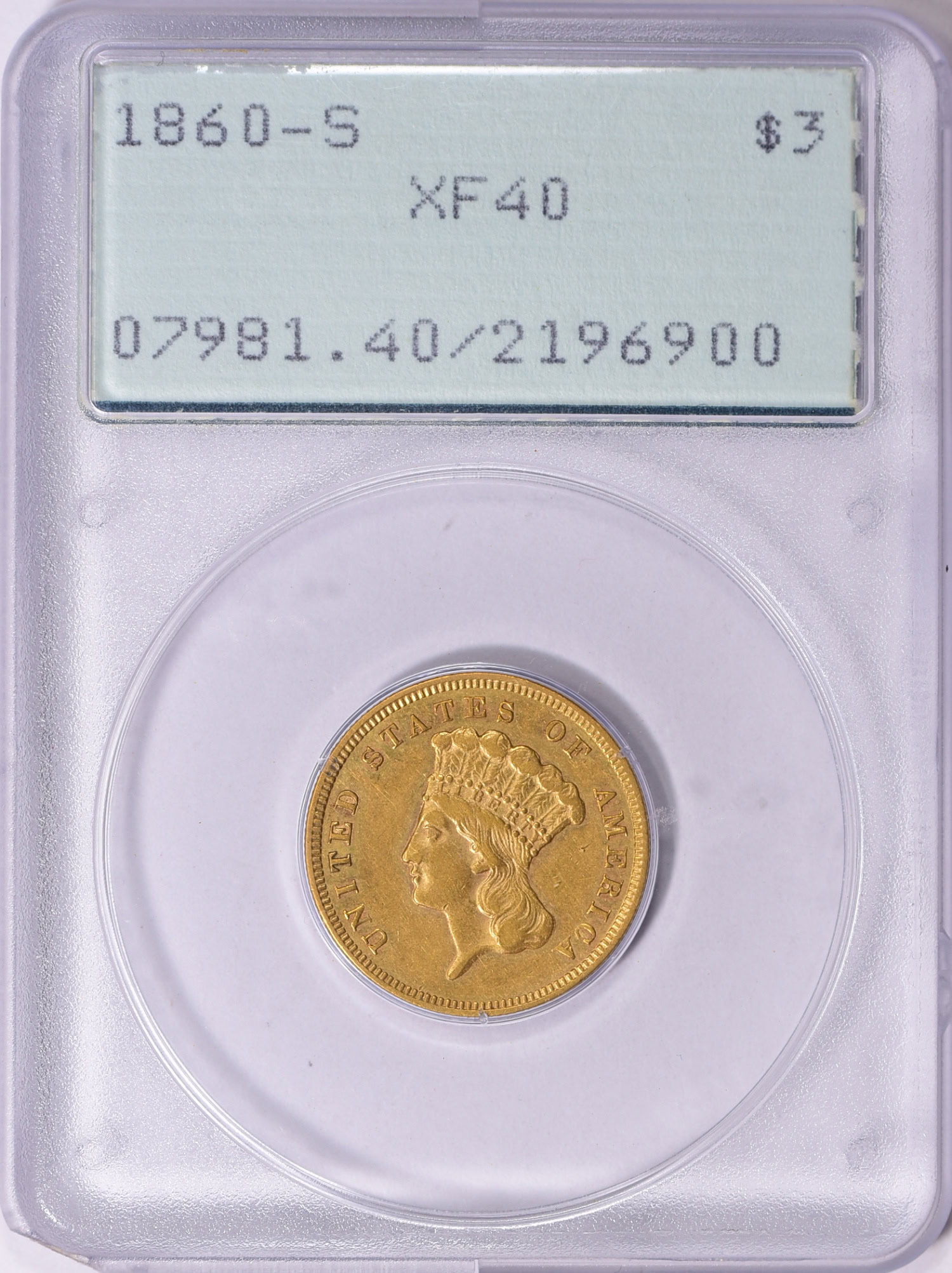 1860-S Three-Dollar Gold Piece PCGS XF-40 OGH (1st Gen) (Item 1462463 ...