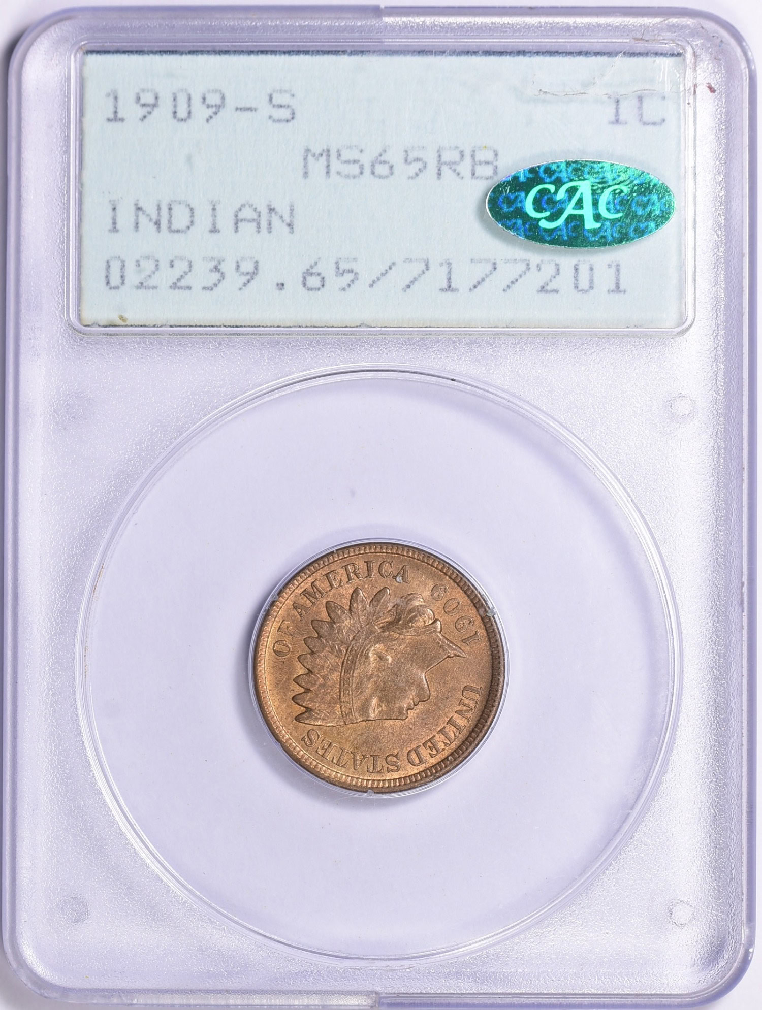 1909-S Indian Cent PCGS MS-65 RB (CAC Green) OGH (1st Gen) (Item 1463480) | GreatCollections ...